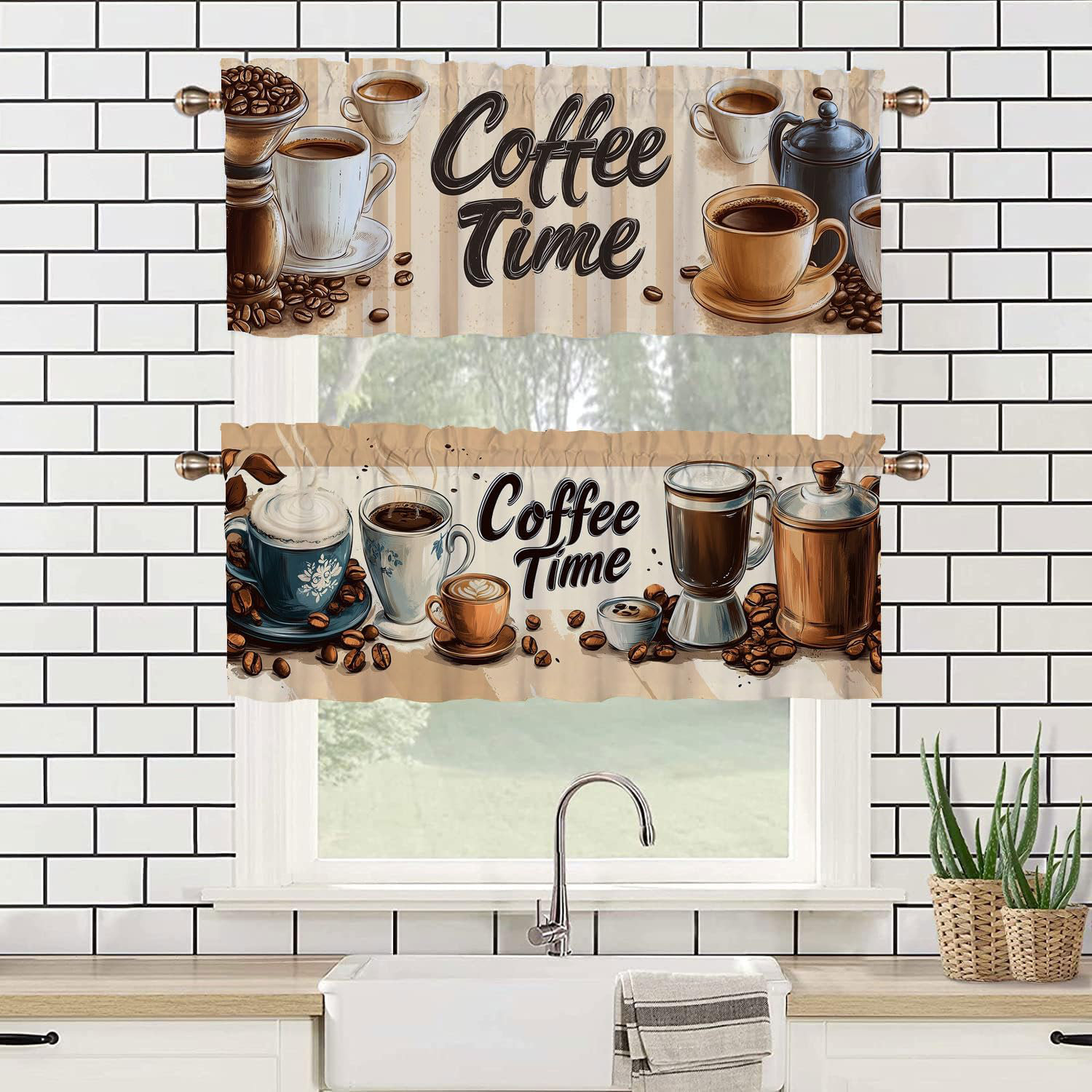 RAPTIZ Coffee Valance Curtains 2 Pack Farmhouse Country Coffee Vintage ...