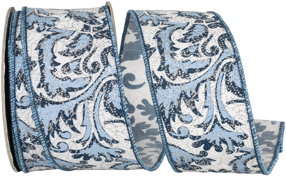 The Holiday Aisle® Filigree Azul Glittered Deluxe Wired Edge Ribbon ...