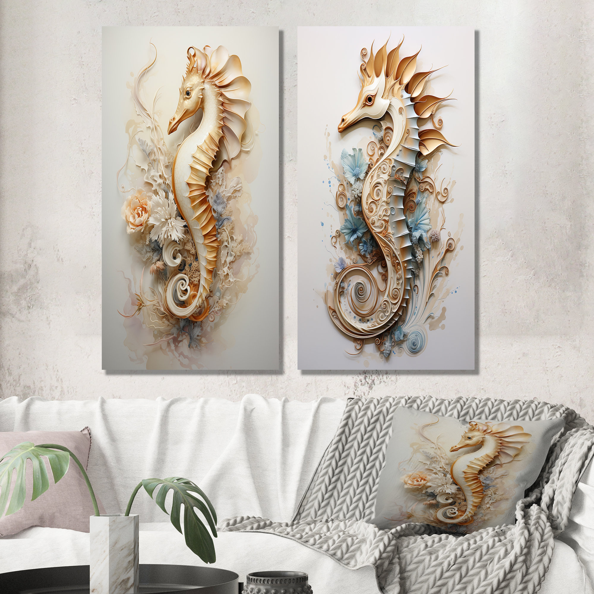 Highland Dunes Beige Magical Seahorse - Seahorse Wall Art Prints Set Of ...