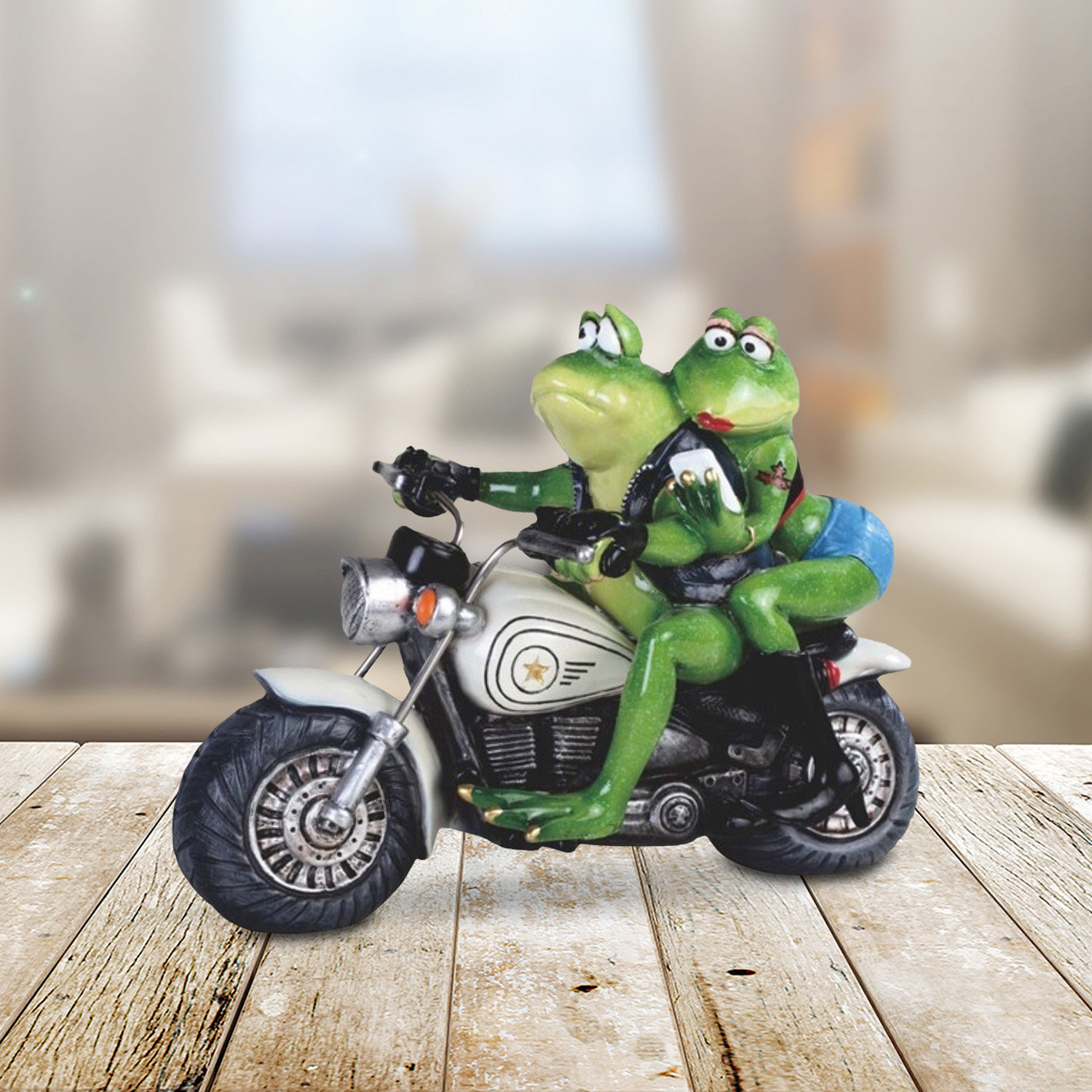 Trinx 10"W Frog Couple Riding Motorcycle Funny Animal Figurine | Wayfair