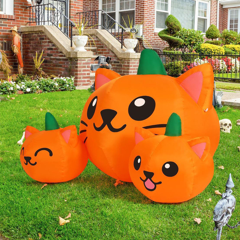 The Holiday Aisle® Halloween Inflatable 5FT Long Three Pumpkin Cat Head ...