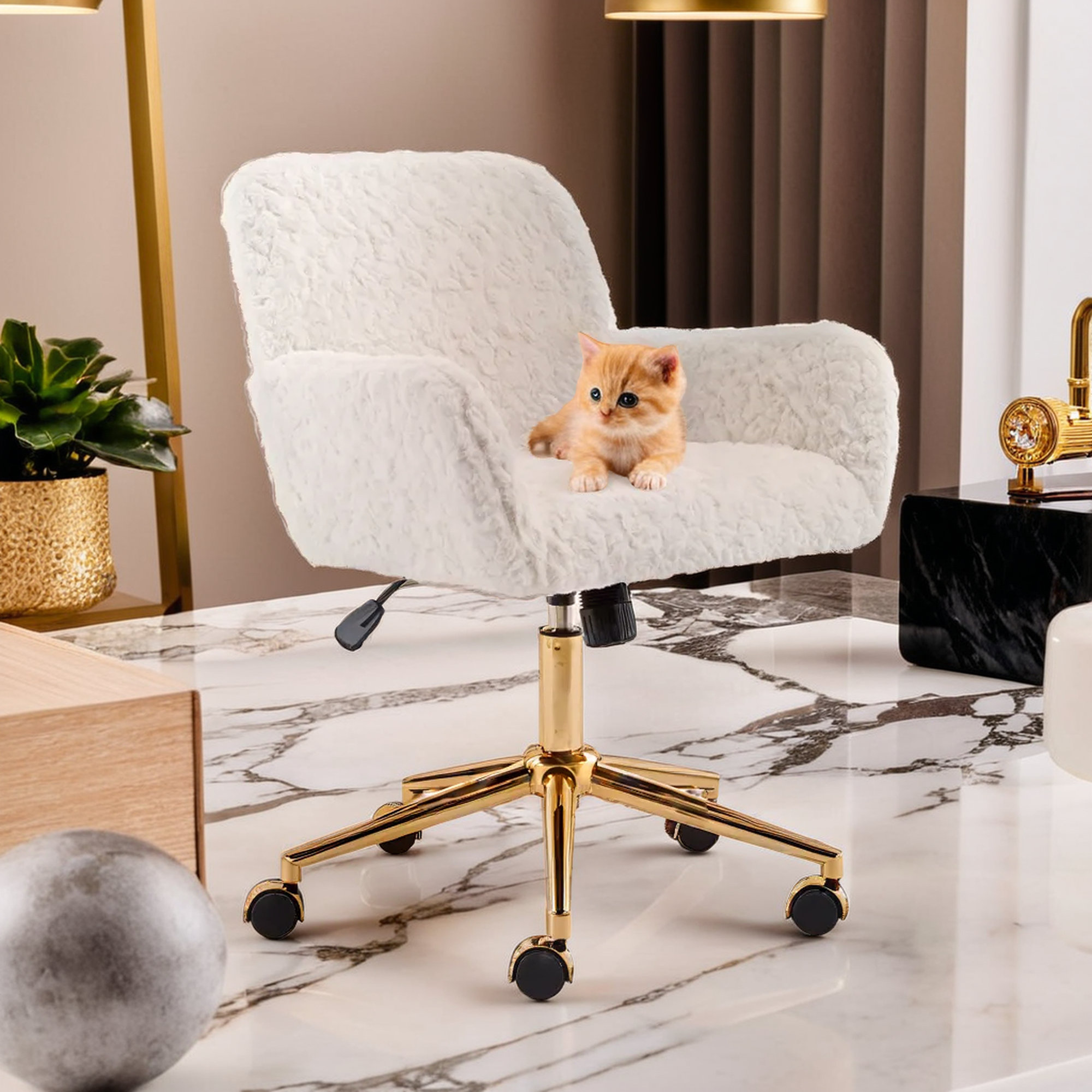 Mercer41 Swivel Adjustable Home Office Chair With Golden Metal Base ...