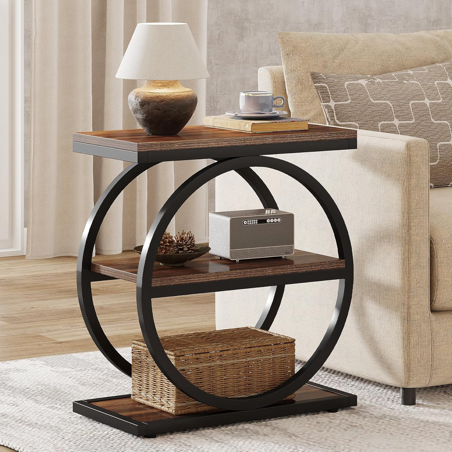 17 Stories Narrow End Table With 3 Storage Shelves, Wood Side Table ...