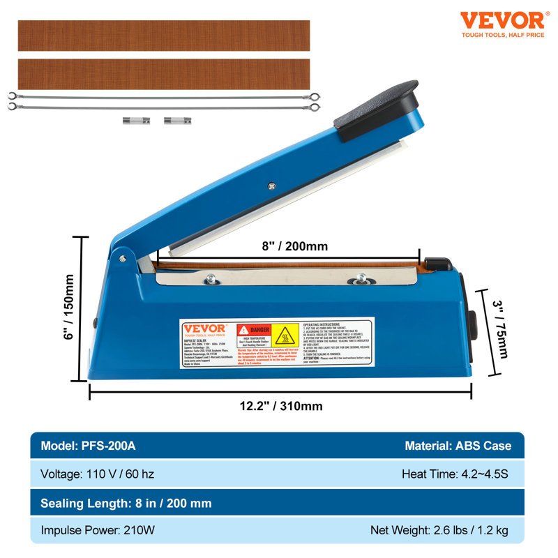 VEVOR 8" ABS Hand Impulse Heat Sealer Machine Poly Bag Sealing for ...