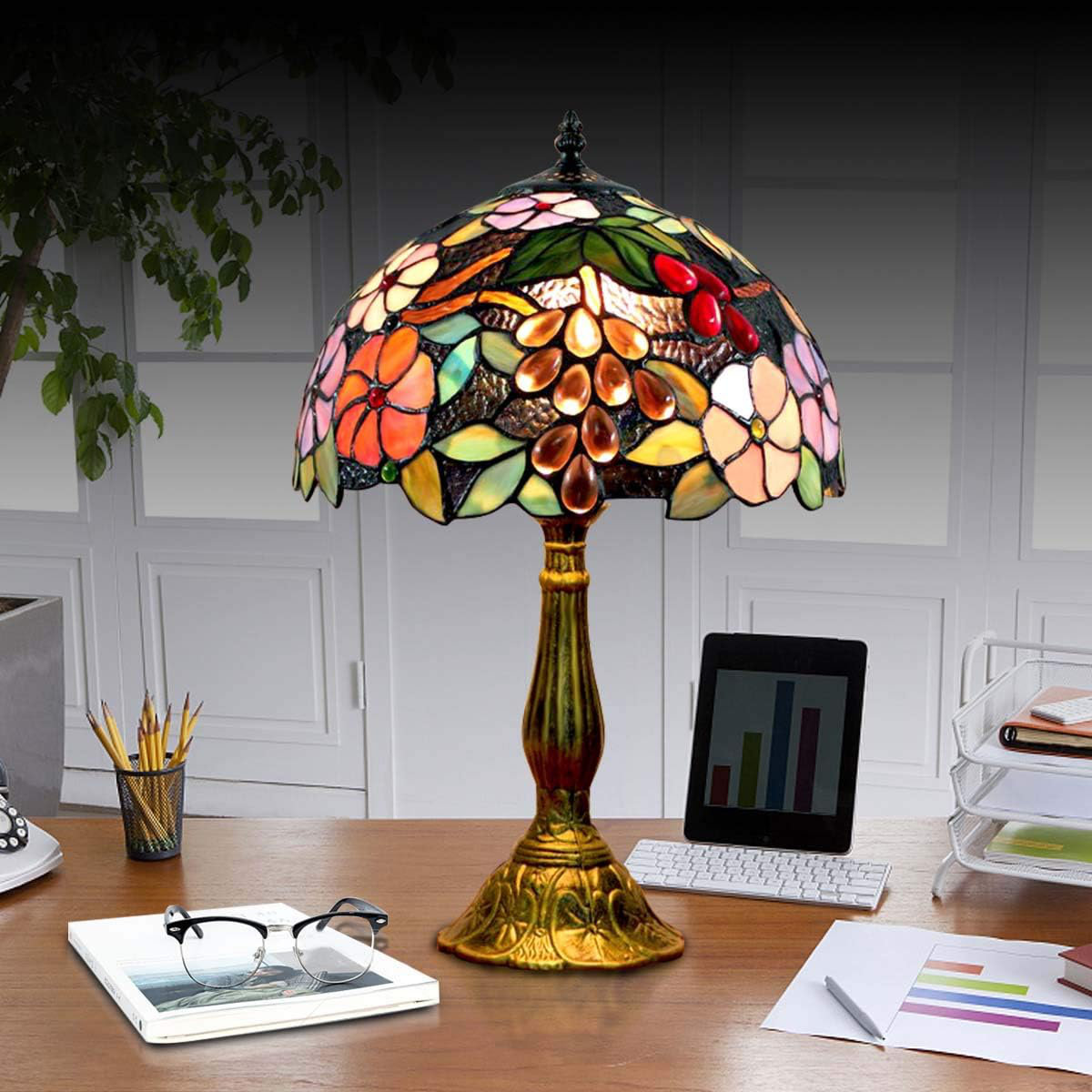 Bloomsbury Market Tiffany Grape Rose Stained Glass Table Lamp With LED ...