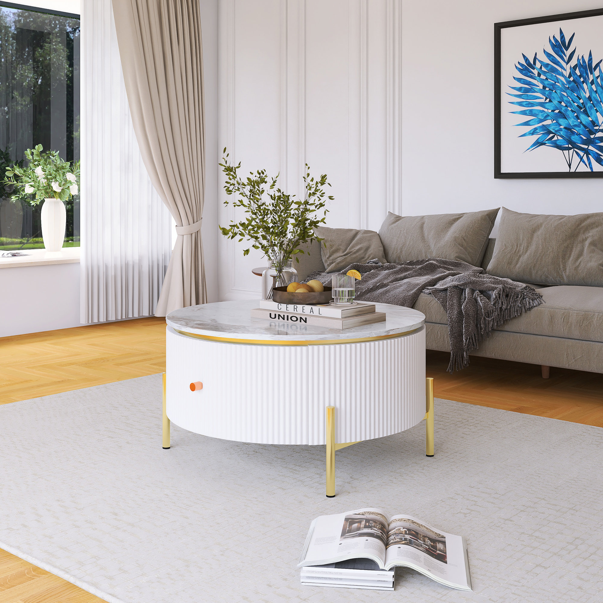 Mercer41 Modern Round Coffee Table With 2 Large Drawers Storage Accent ...