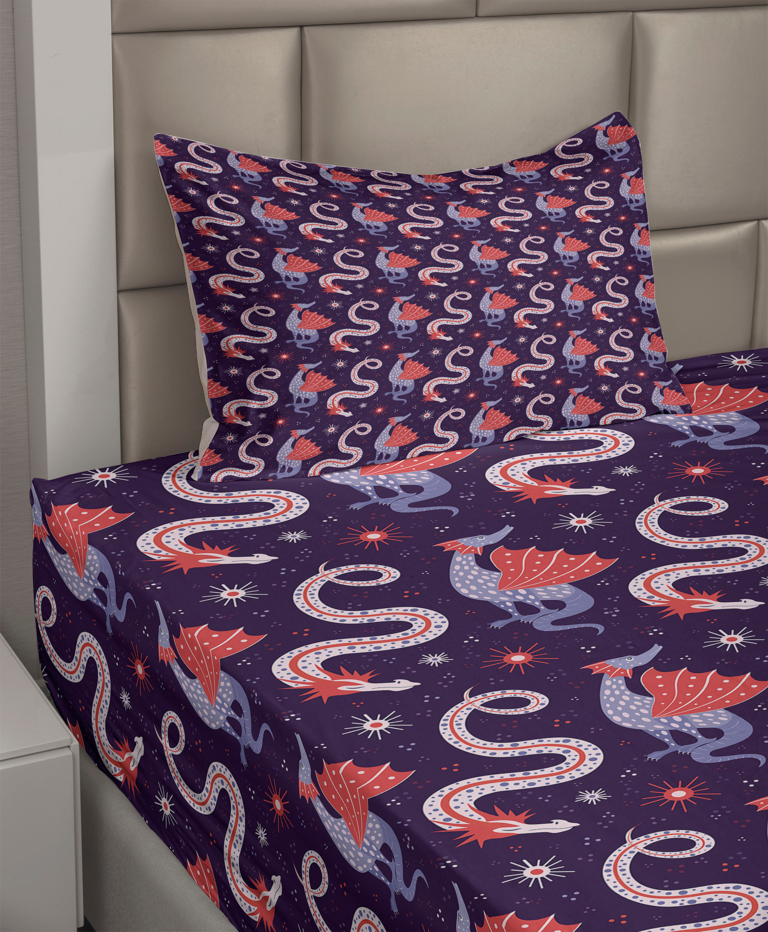 Ambesonne Fantasy Sheet Set Cartoon Style Dragons Art Dark Purple and ...