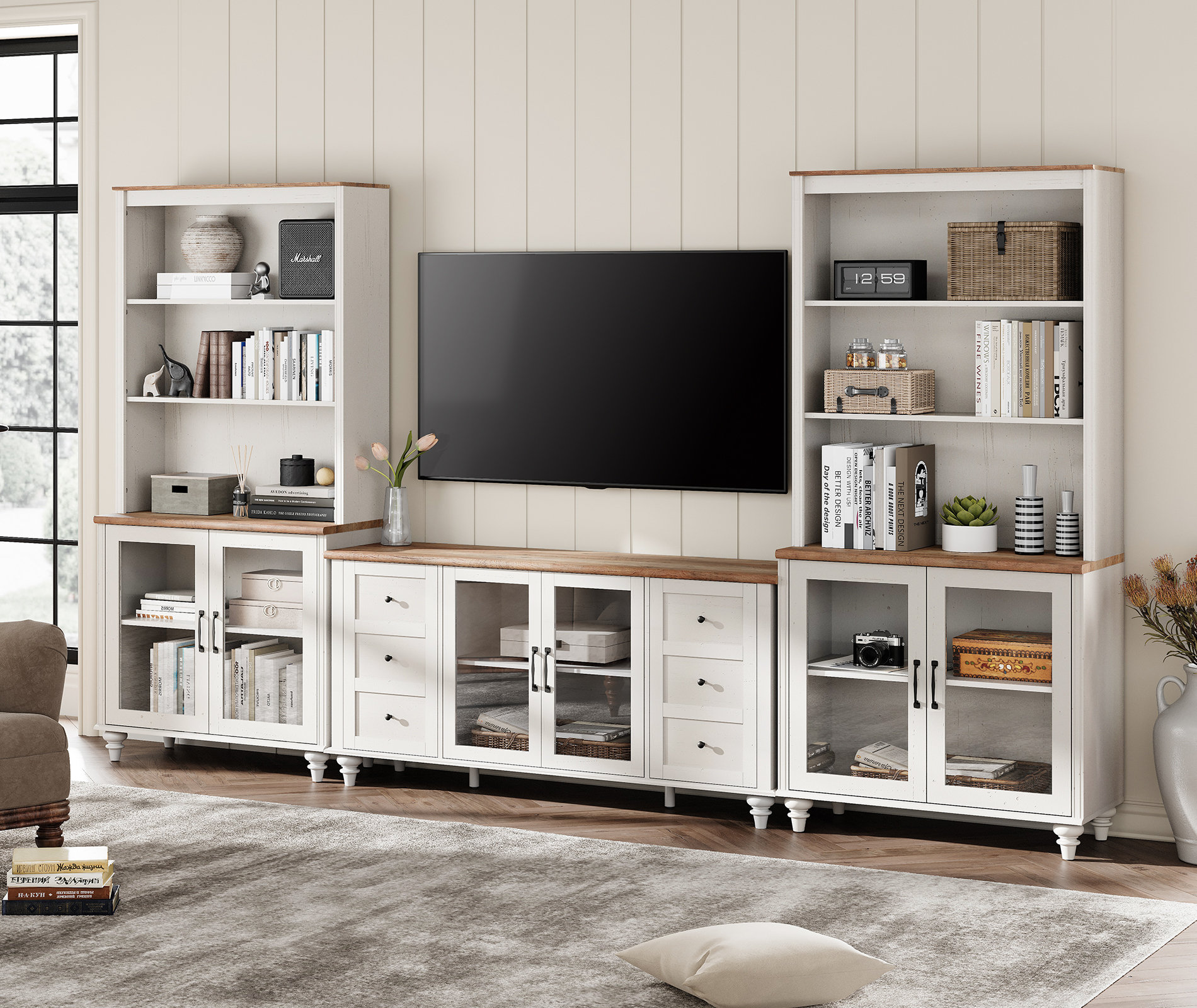 Alcott Hill® Entertainment Center With Bookshelves With Glass Doors ...