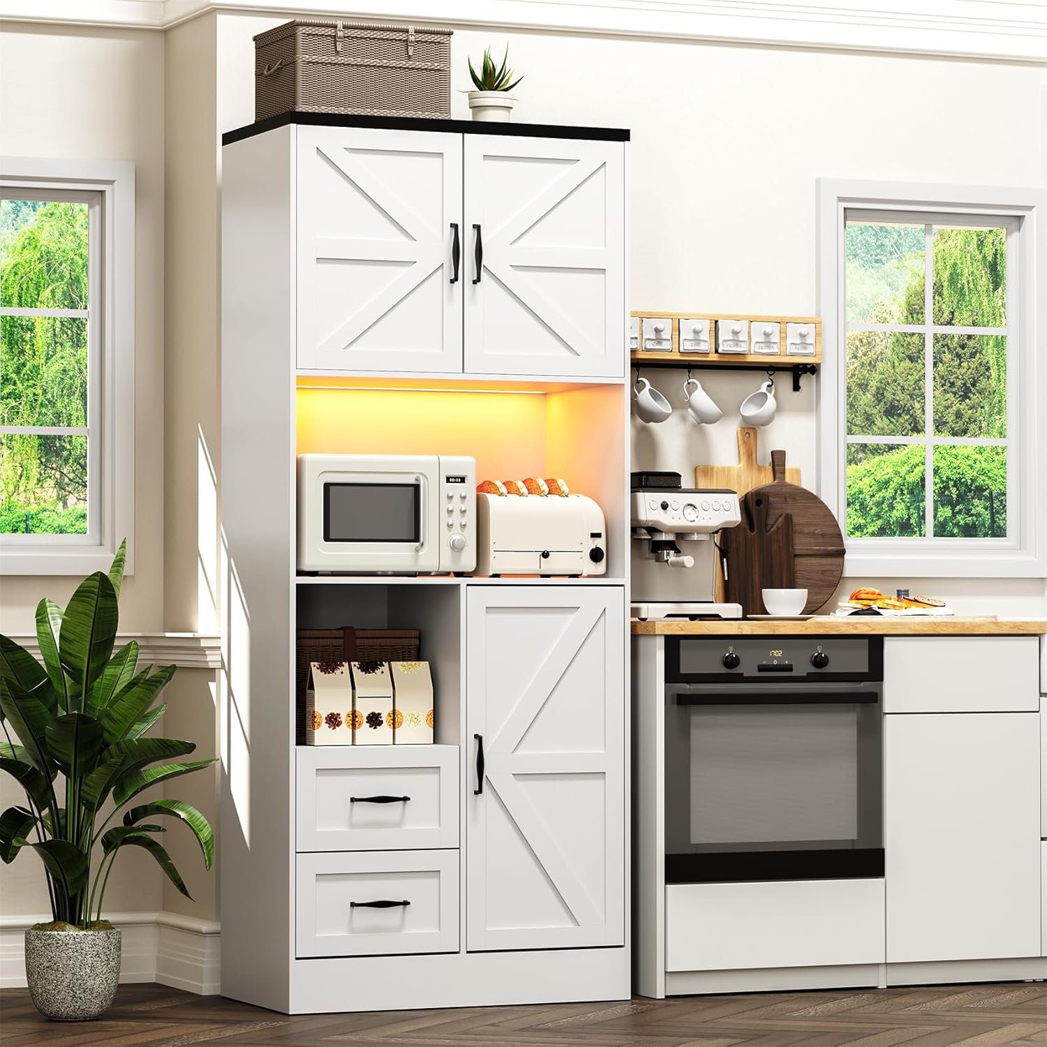 Gracie Oaks 68” Pantry Cabinet with Power Outlet, Kitchen Storage ...