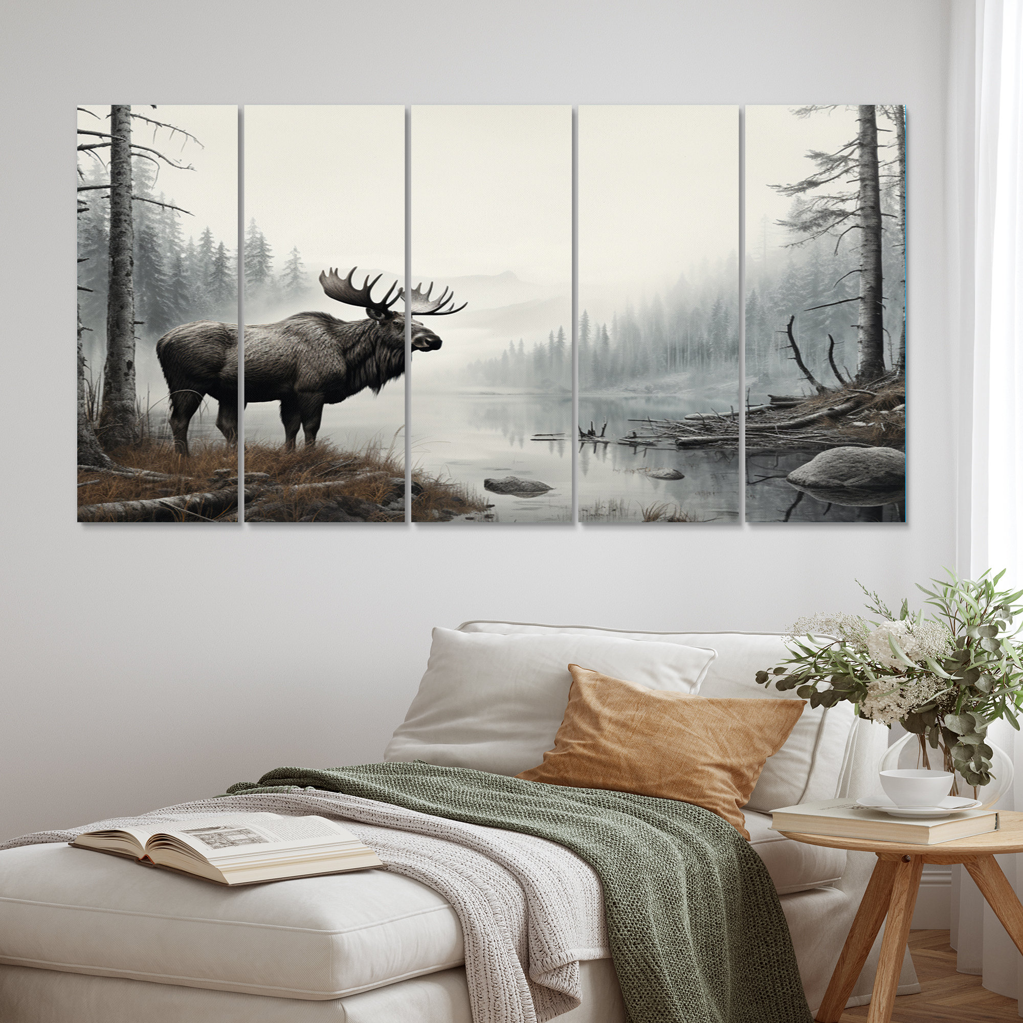 Millwood Pines Grey Moose Tranquil Tones - Animals Wall Decor - 5 Equal ...