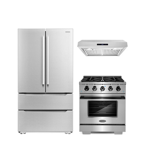 Cosmo 3 Piece Kitchen Appliance Package with French Door Refrigerator ...