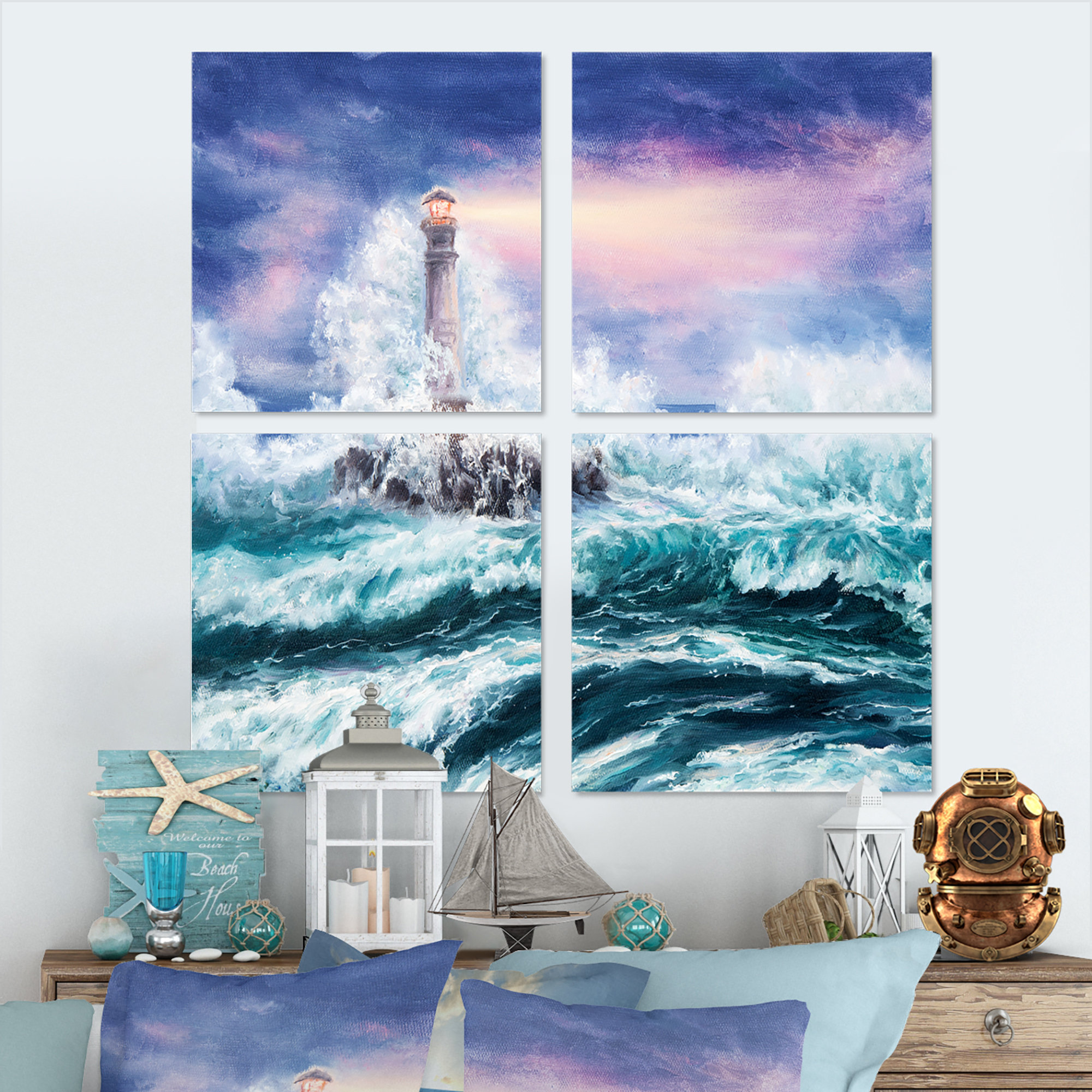 Longshore Tides Lighthouse Wild Blue Ocean Waves - Nautical & Coastal ...