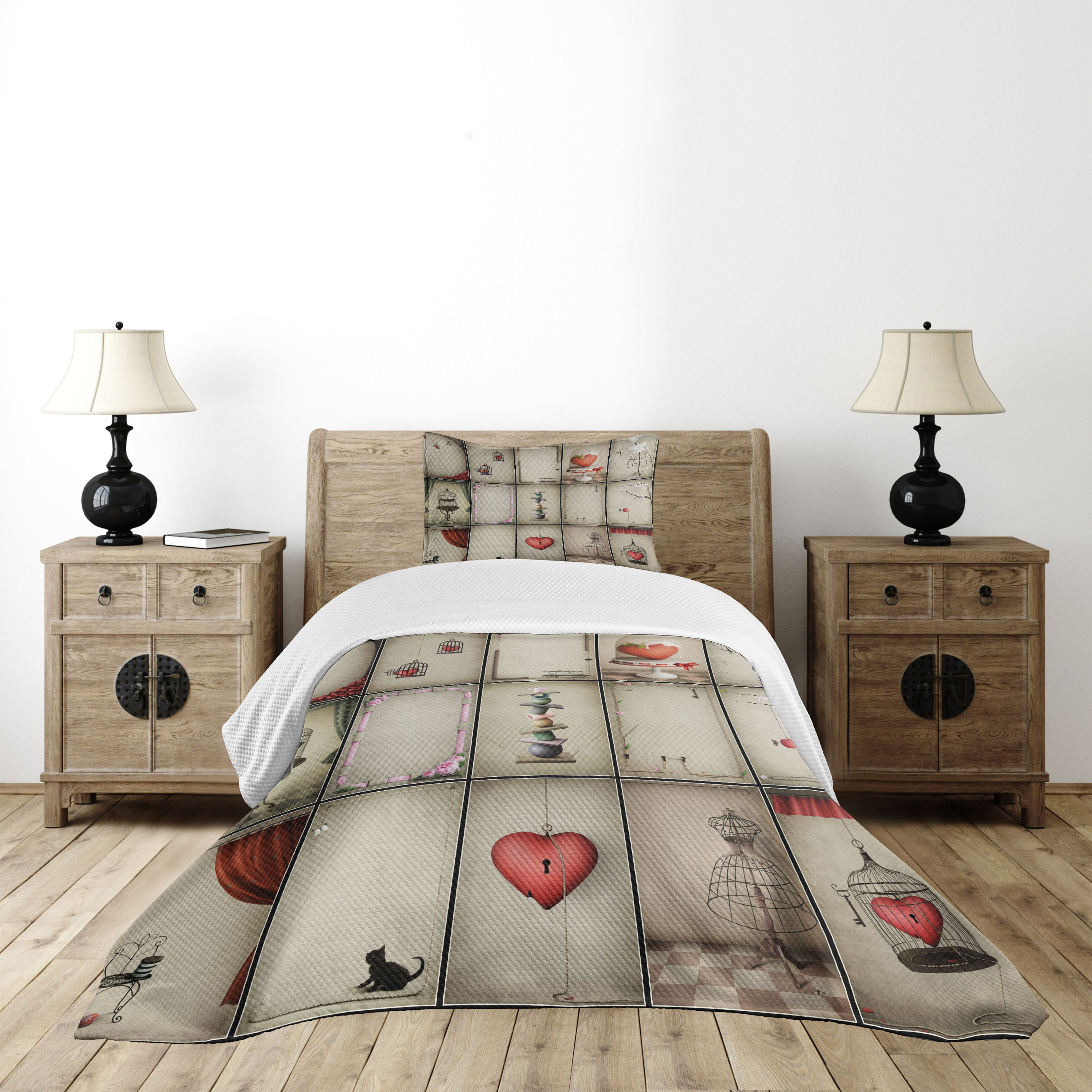 Ambesonne Vintage Bedspread Hearts in Captivity Tan Vermilion Pink ...