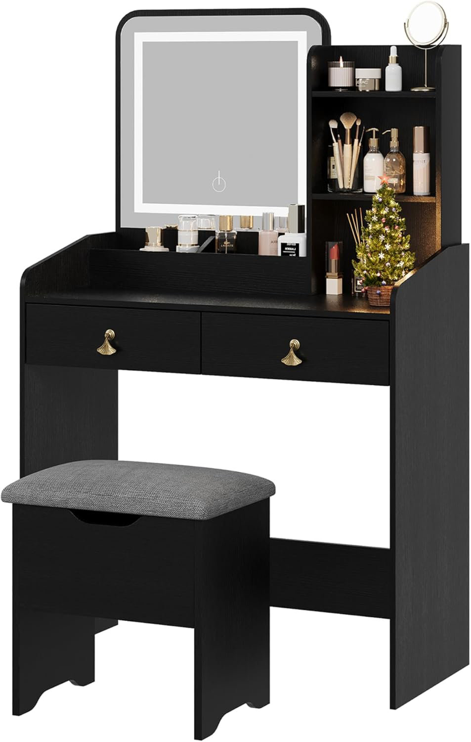 Wrought Studio™ Vanity Desk with LED Light Mirror and Charging Station ...