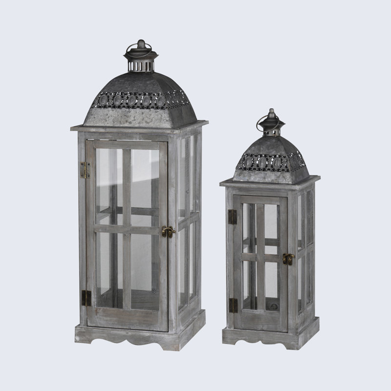 One Allium Way® 2 Piece Tall Wood and Glass Tabletop Lantern Set ...