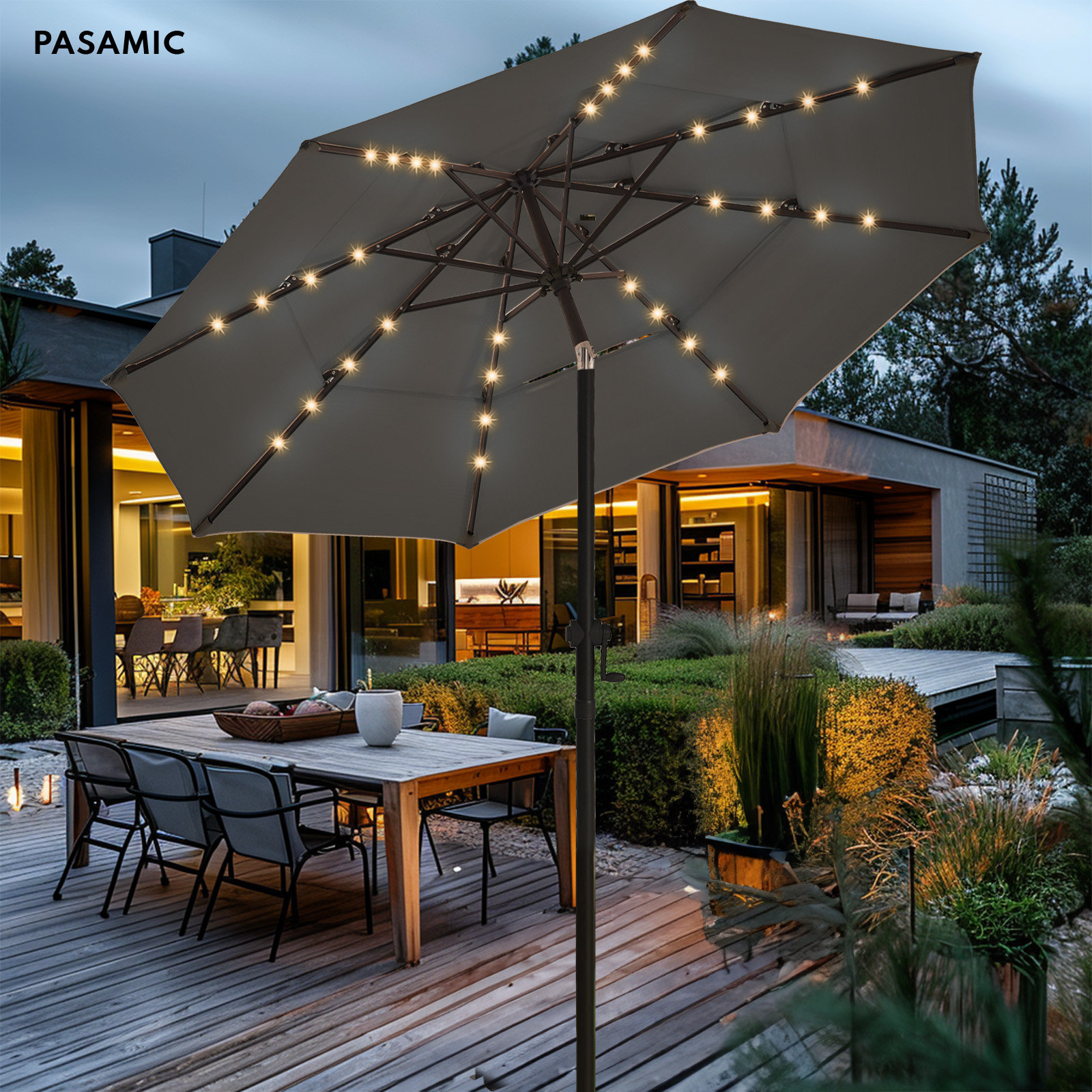 PASAMIC 9' 3 Tiers Solar Led Market Umbrella Outdoor Patio Umbrella ...