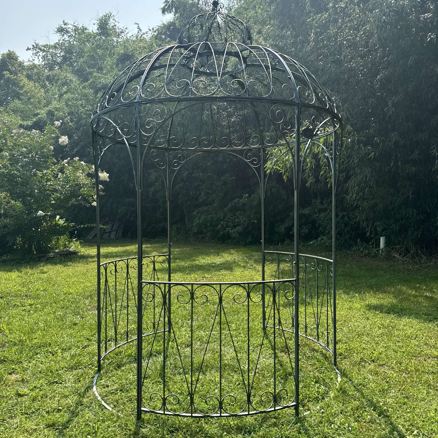 Zaer Ltd International 9ft. Tall Round Iron Garden Gazebo with Three Side Walls in Blue-Green ...