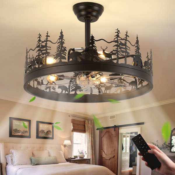 Union Rustic 23.6" Black Wagon Wheel Ceiling Fan Light With Remote And ...