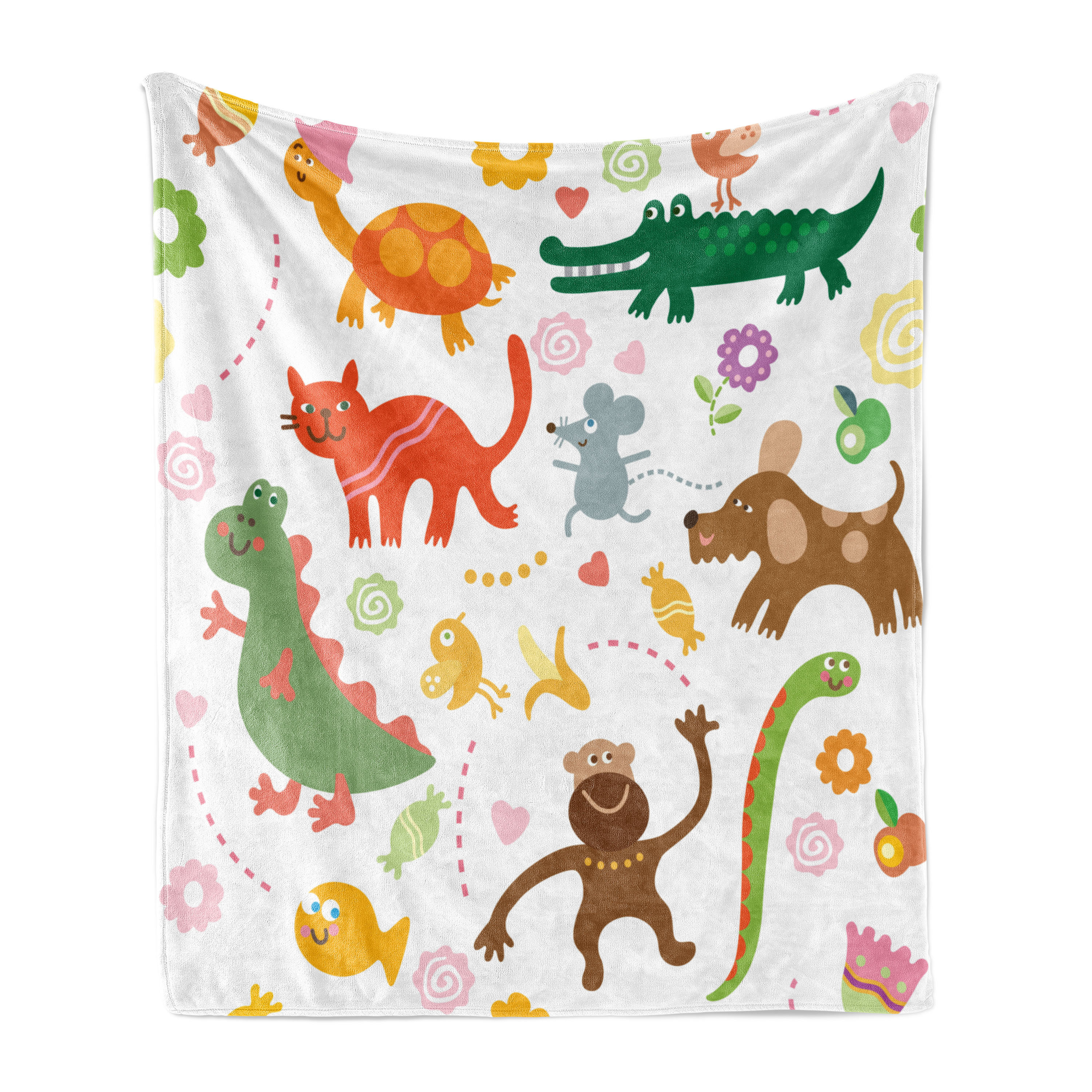 Ambesonne Animals Fleece Throw Blanket Cartoon Monkey Dinosaur White ...