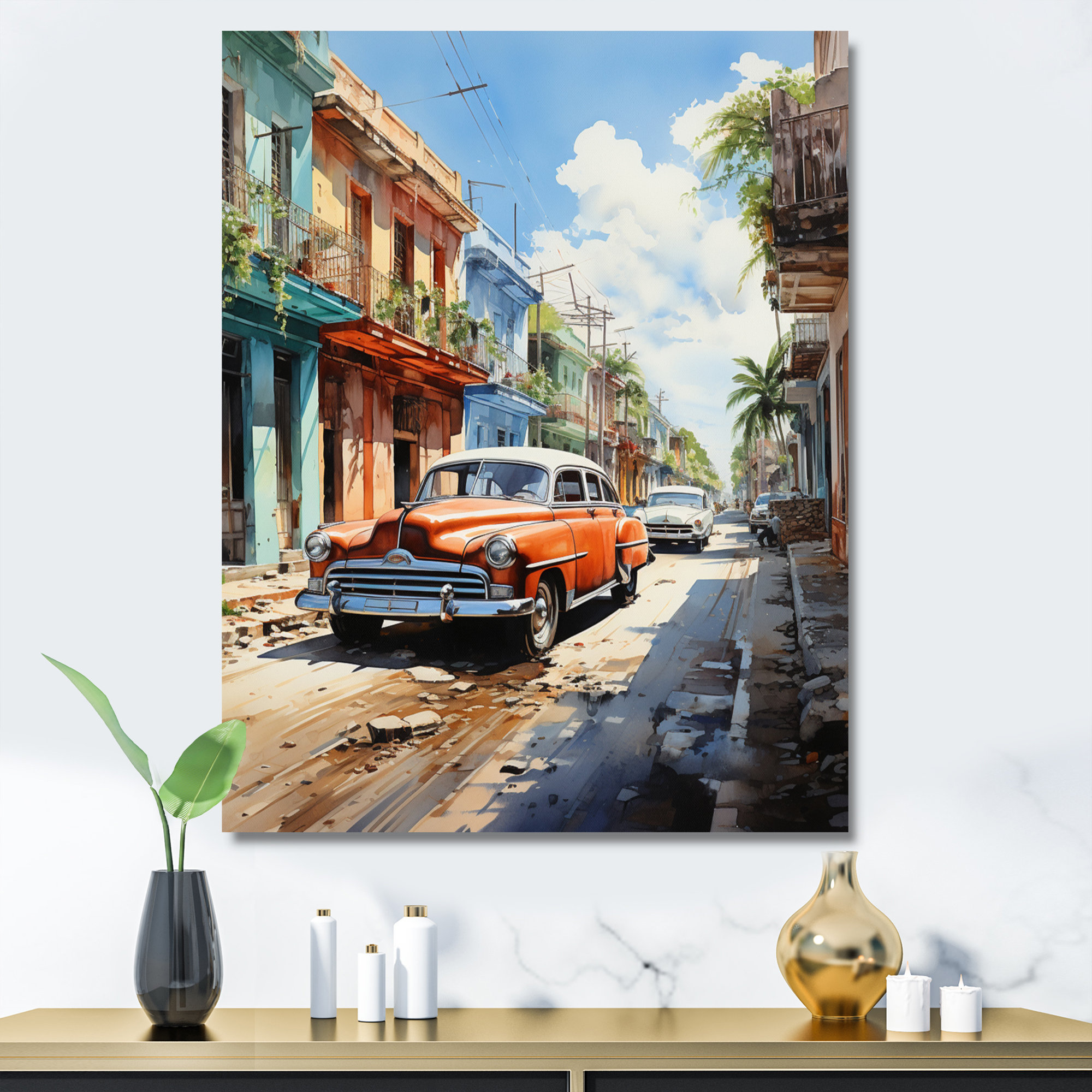 Latitude Run® Chakotay Cuban Coral Classic Cars On Canvas Print | Wayfair