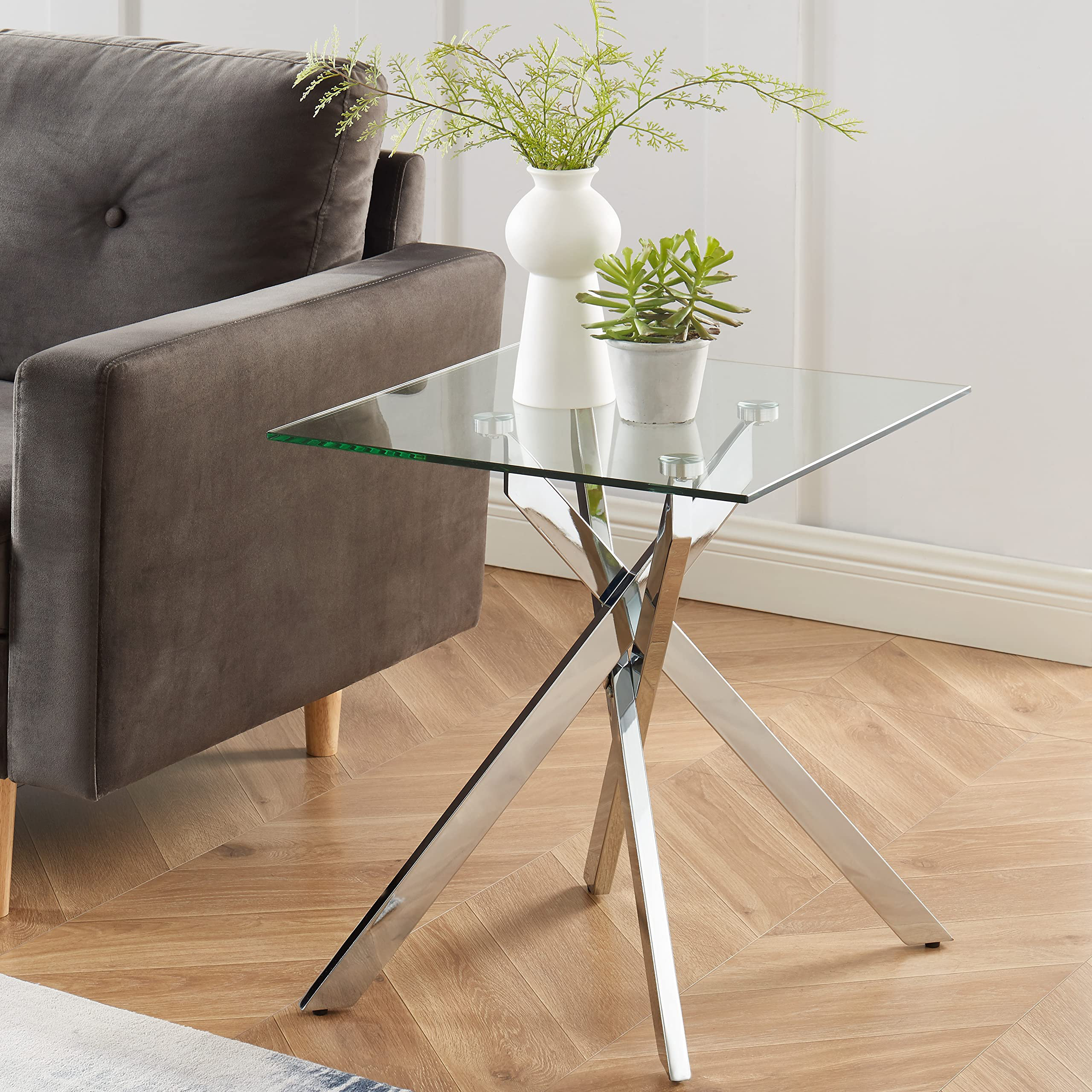 Orren Ellis Modern Style Square Side Table With Tempered Glass Top And ...