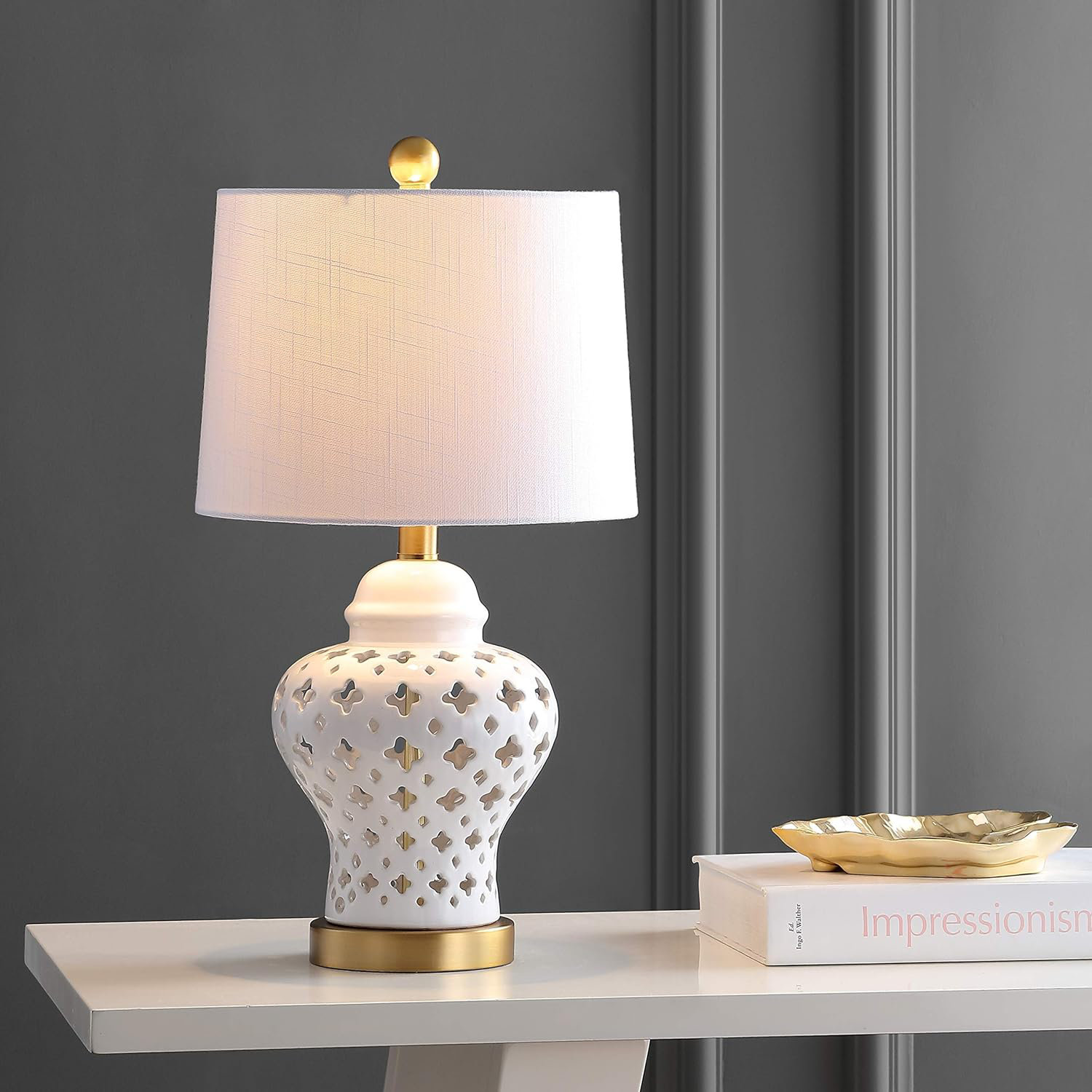 Rosdorf Park White Ceramic/Metal Led Quatrefoil Table Lamp With Pierced ...