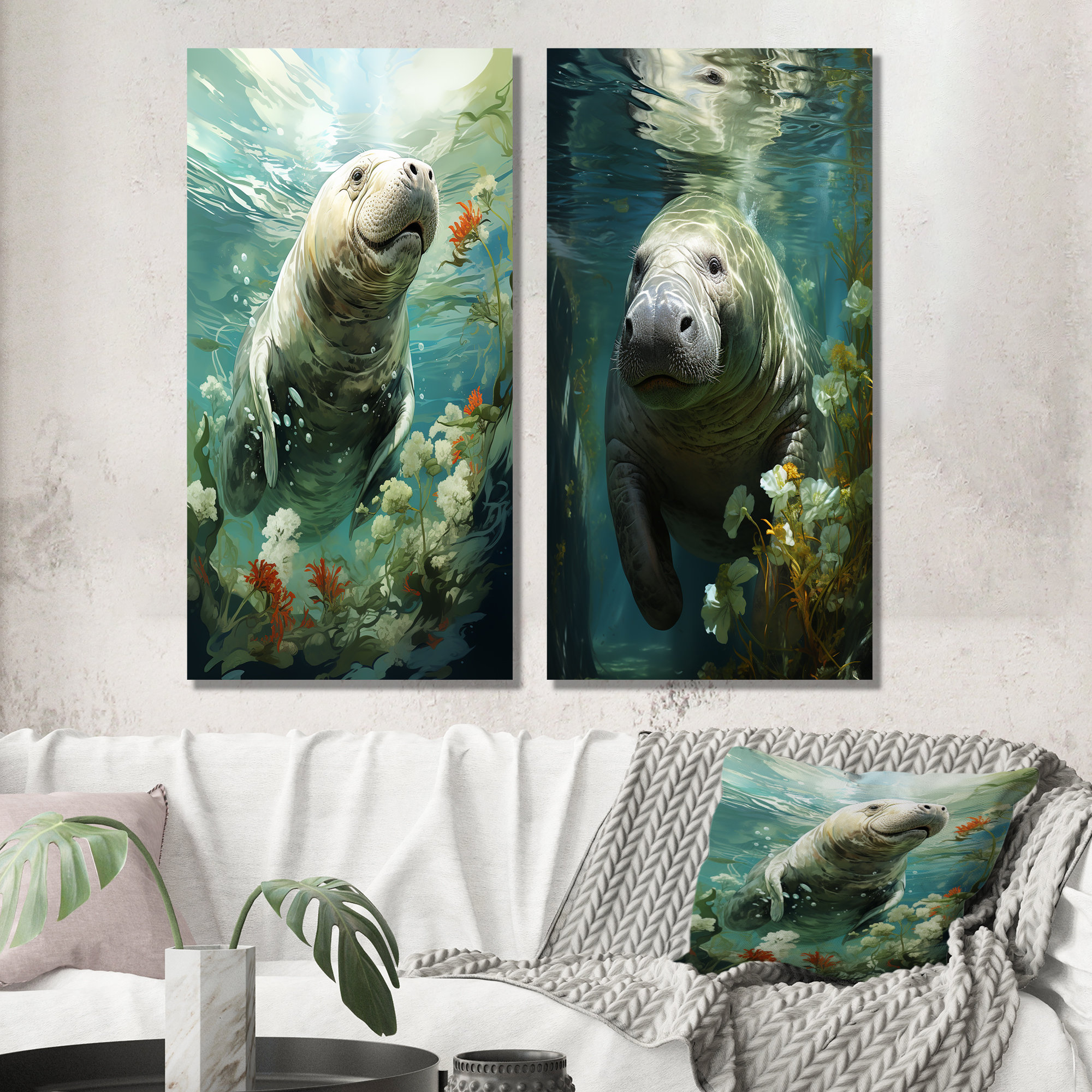 Millwood Pines Green Manatee Grace I - Coastal Animal Canvas Prints Set ...
