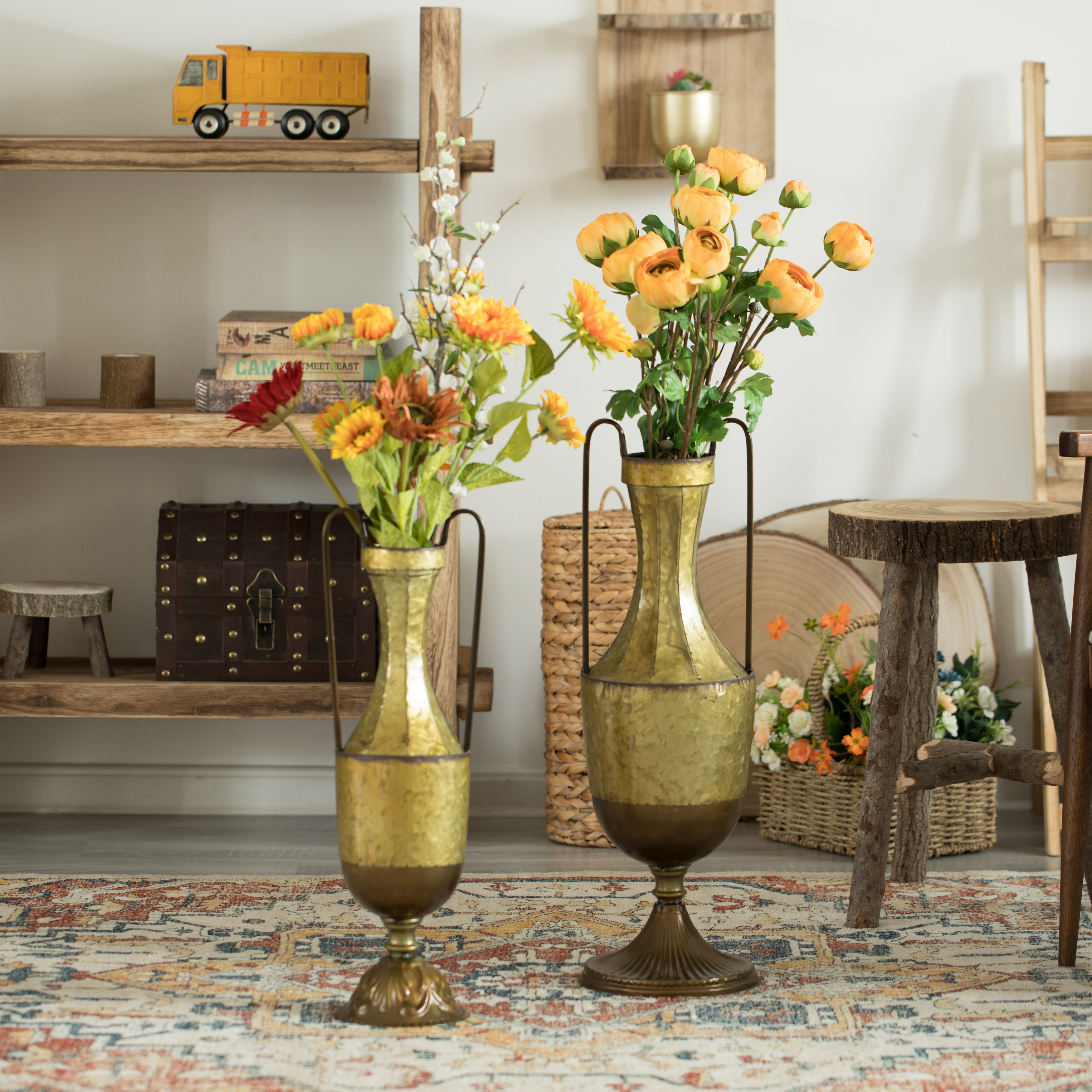 World Menagerie Set Of 2 Antique Style Metal Jug Floor Vase With 2 ...