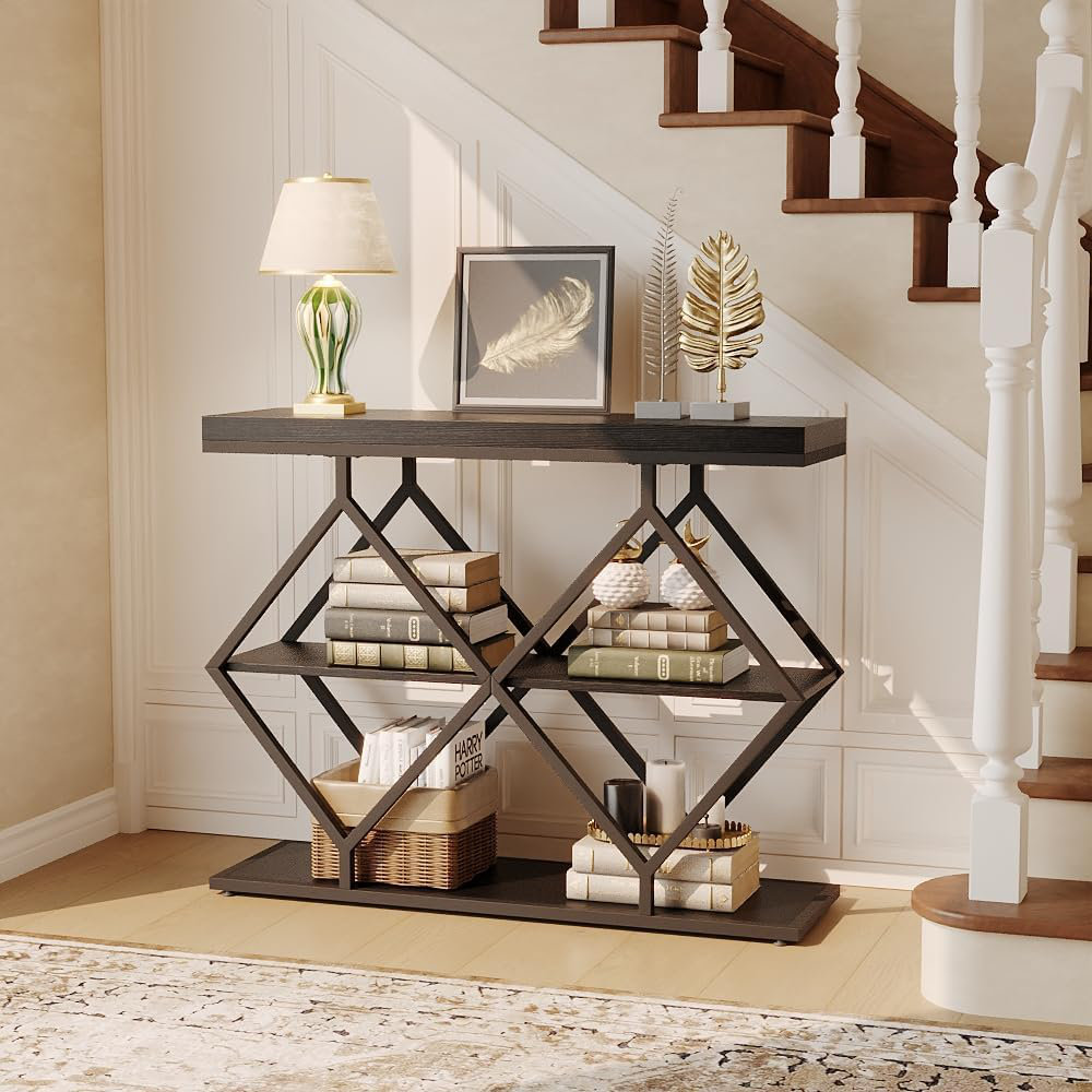 17 Stories 3-Tier Industrial Entryway Table with Diamond-Shaped Metal ...