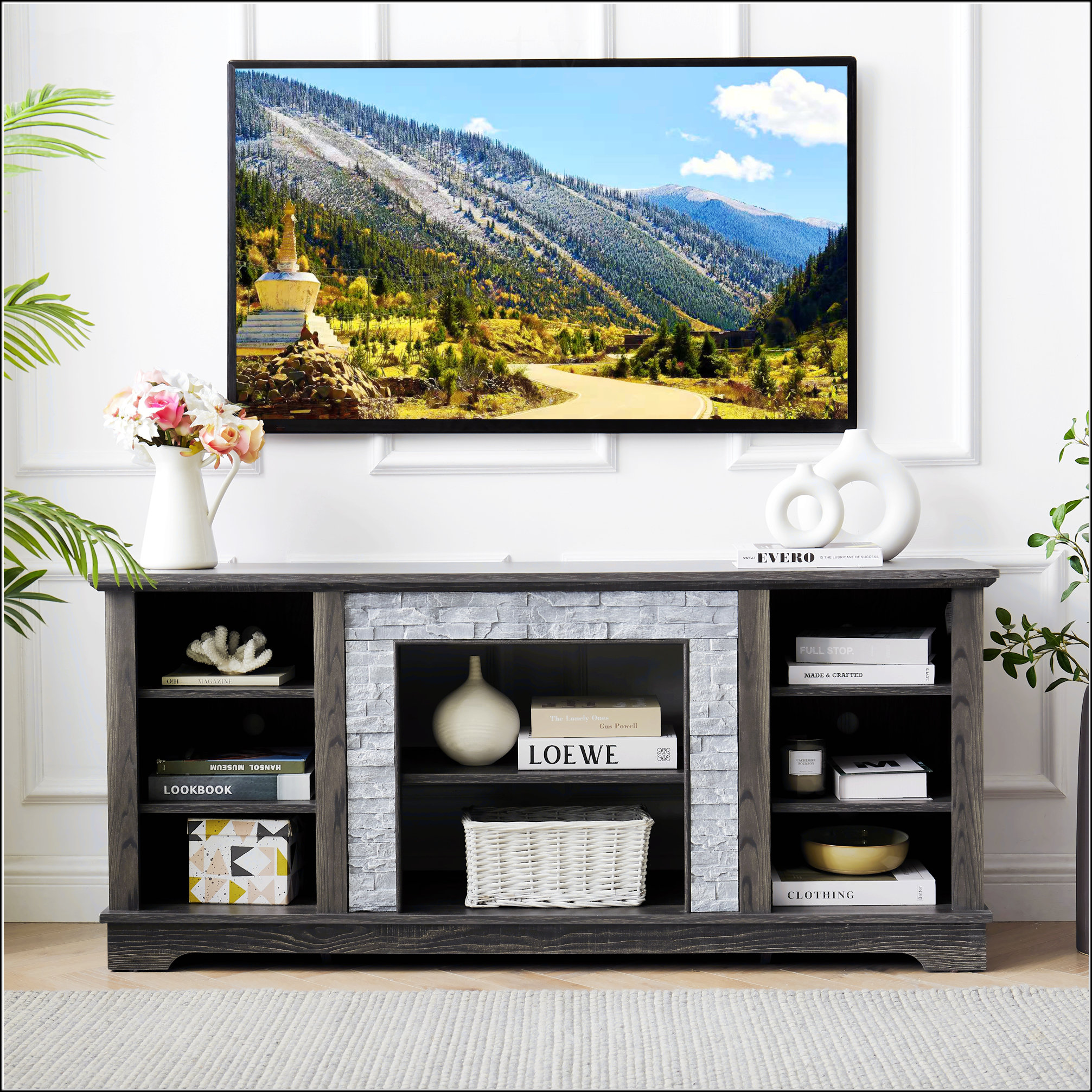 Red Barrel Studio® Mantel Stone TV Media Stand With With Faux Stacked ...