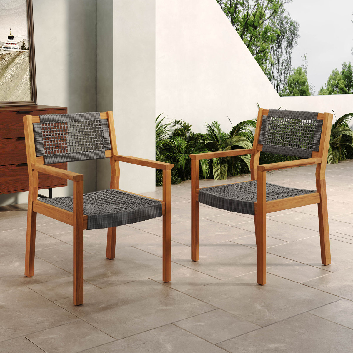 Bayou Breeze Cimora Rope Woven Acacia Wood Dining Chairs | Wayfair
