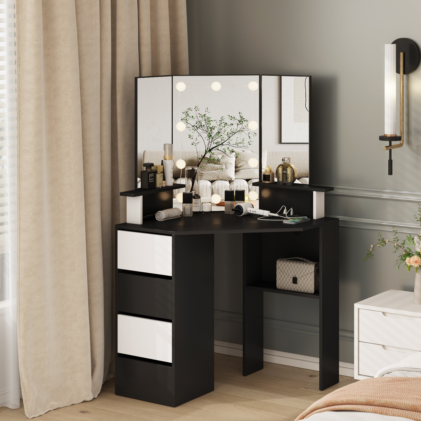 Ebern Designs 42 Inch Corner Vanity Mirror With Lights | Wayfair