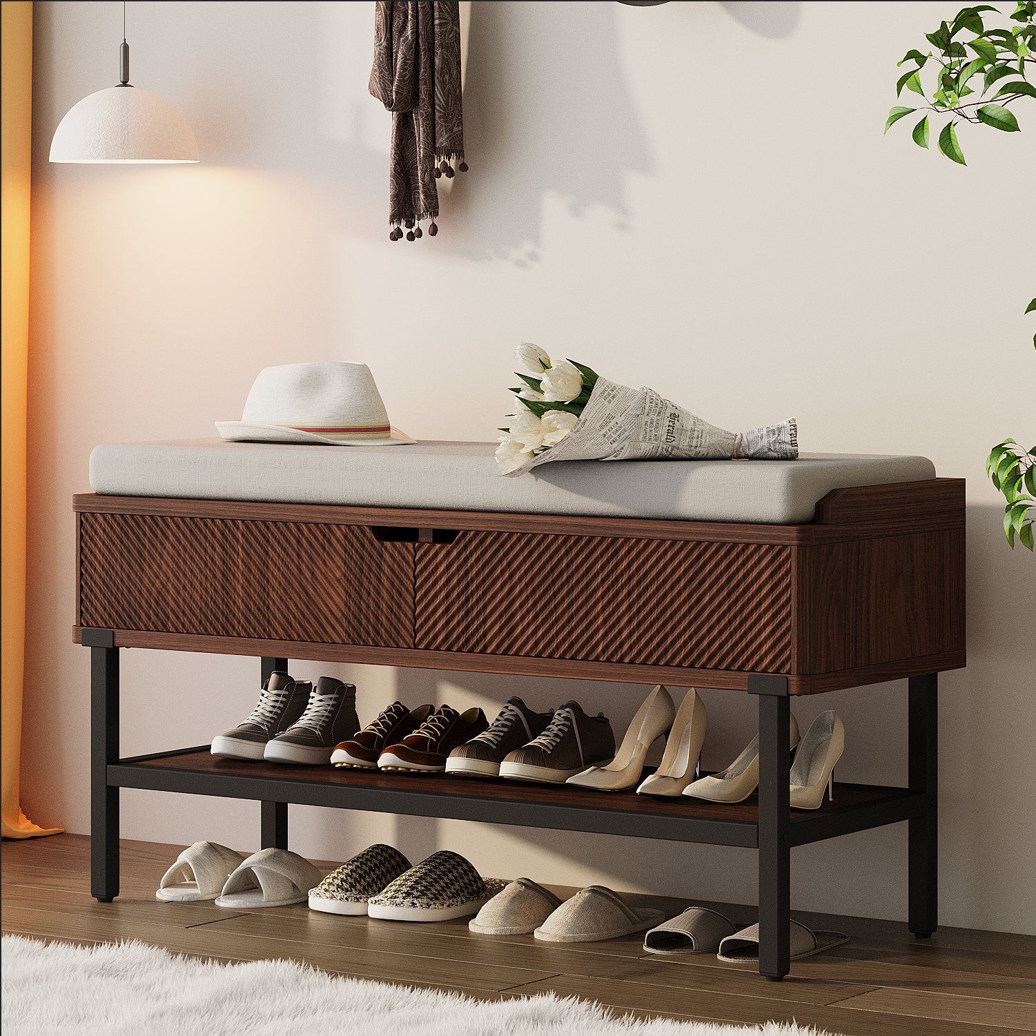 17 Stories Brulee 39''×13'' Wooden Shoes Storage Bench With Cushion ...