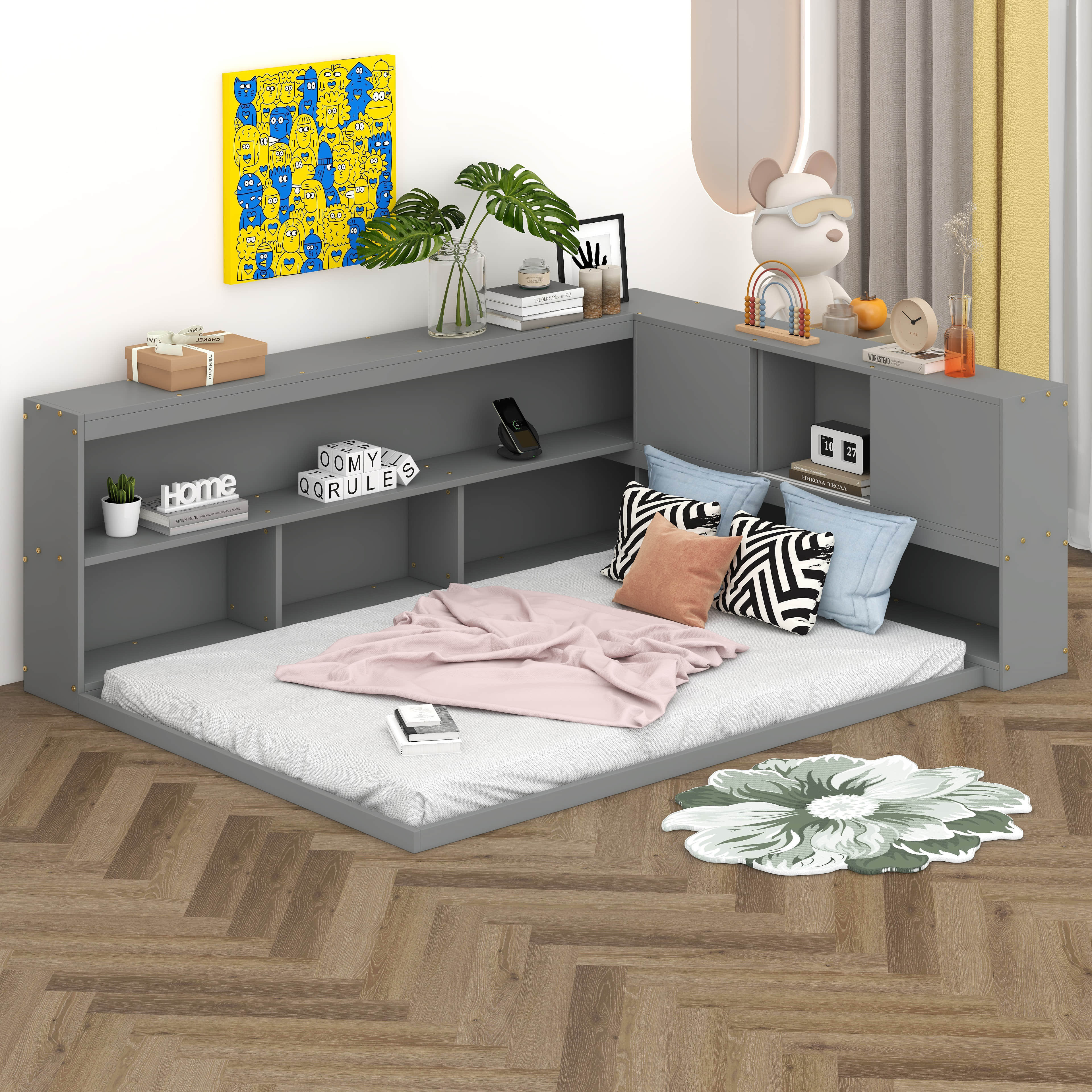 Red Barrel Studio Full Floor Bed With L-Shaped Bookcases, Sliding Doors ...