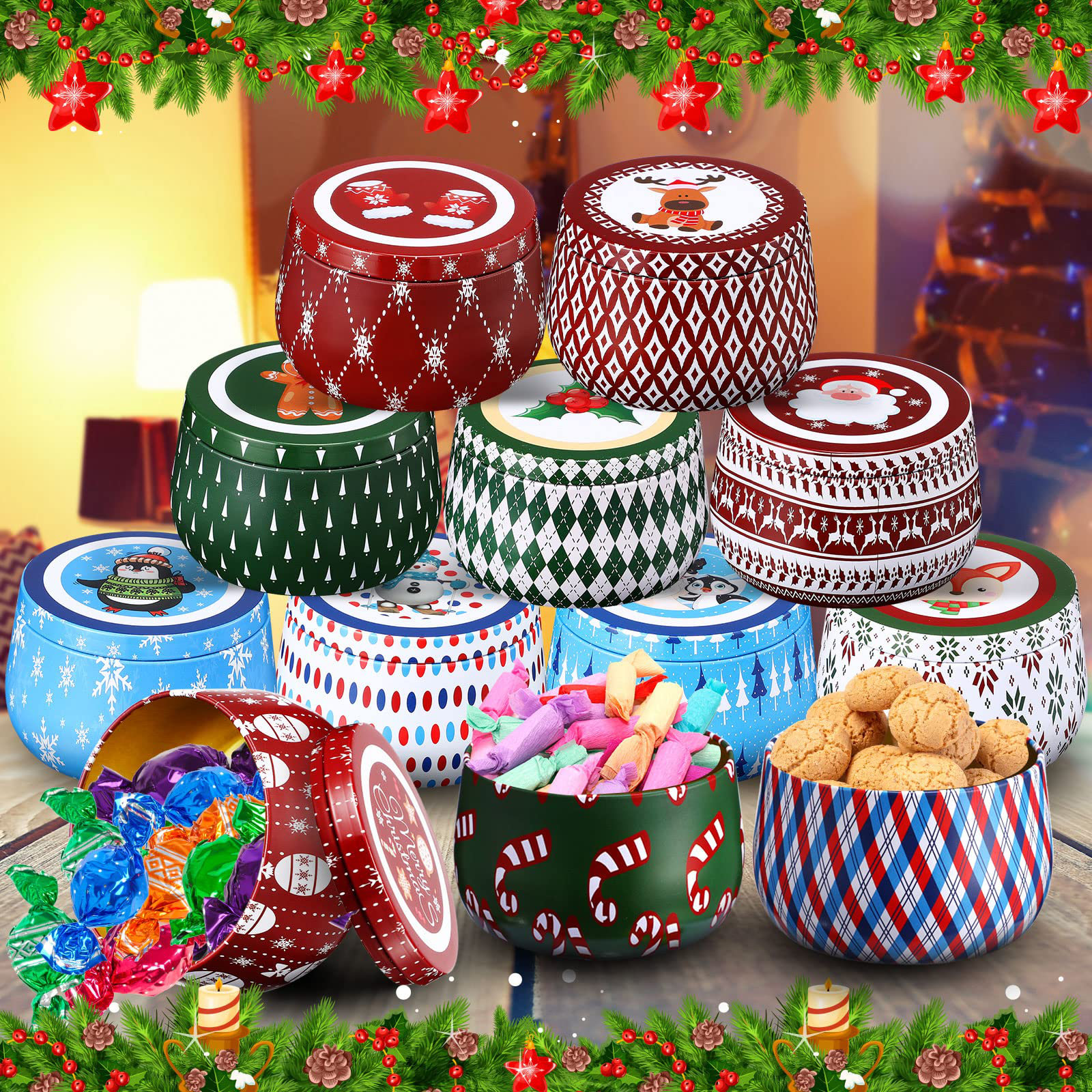 The Holiday Aisle® Christmas Candle Tin Cans Set Metal Candles Tin ...