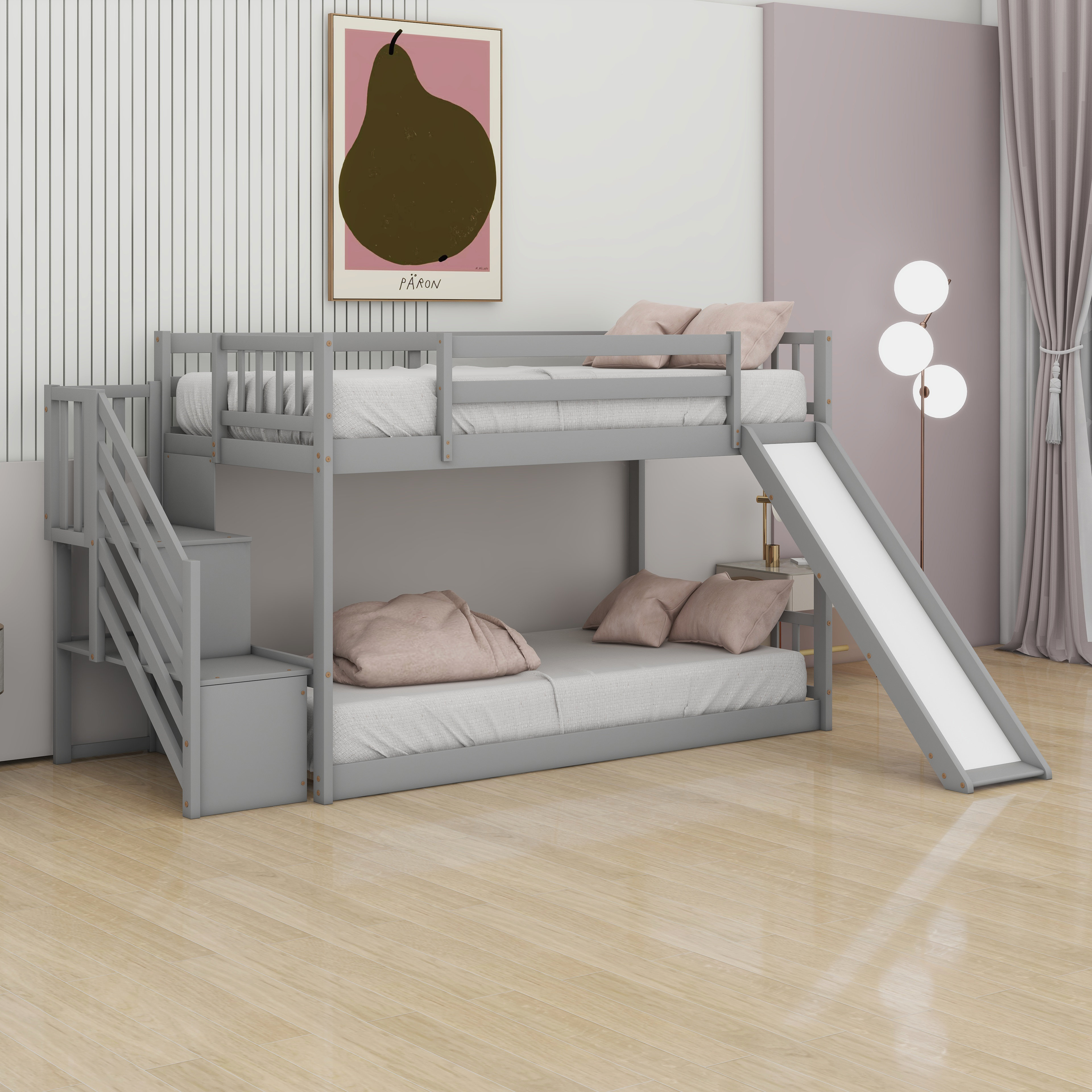 Harriet Bee Twin Over Twin Bunk Bed, Solid Pine Wood Low Bunk Bed With ...