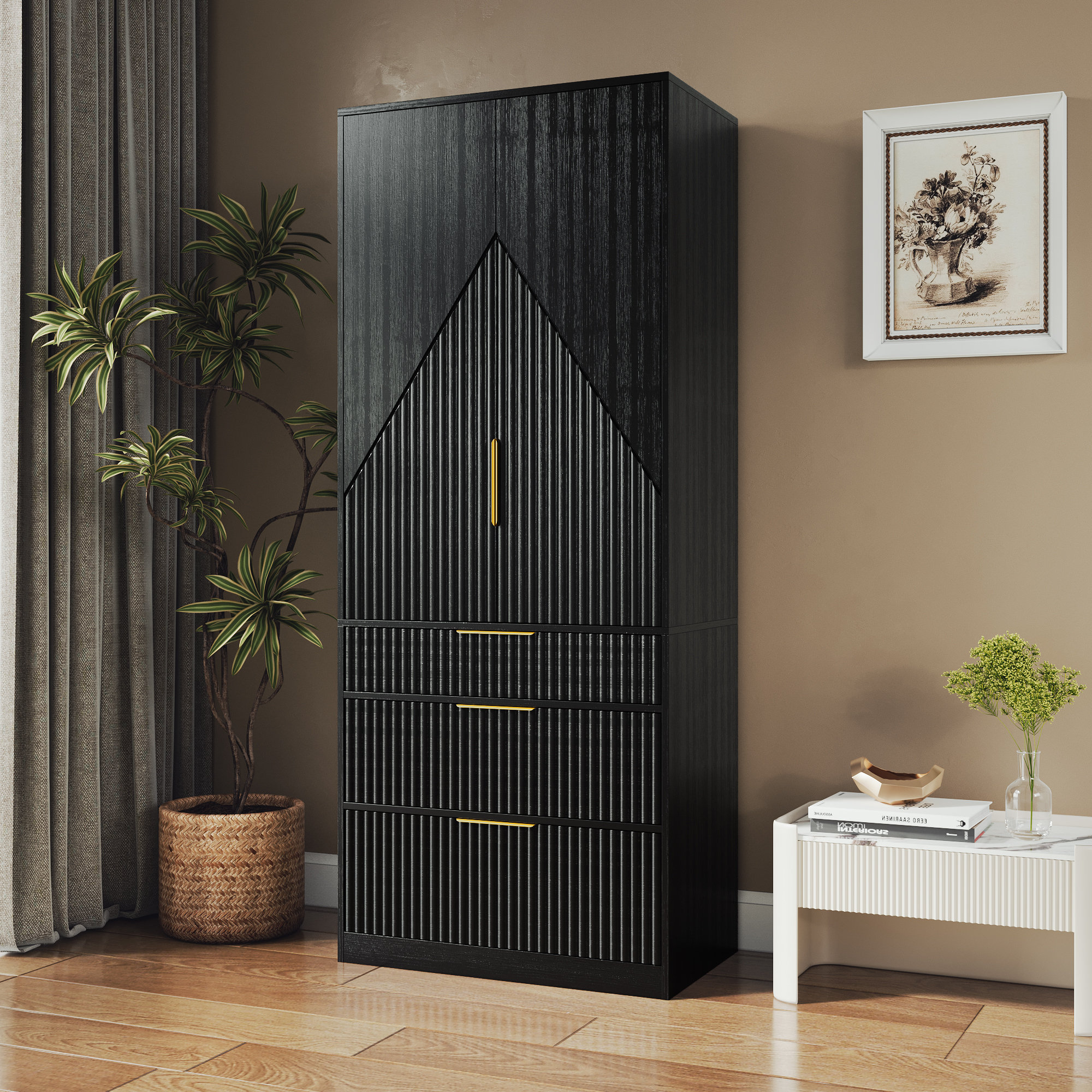 Ebern Designs 2 Doors Armoire Wardrobe With Three Large Drawers And ...