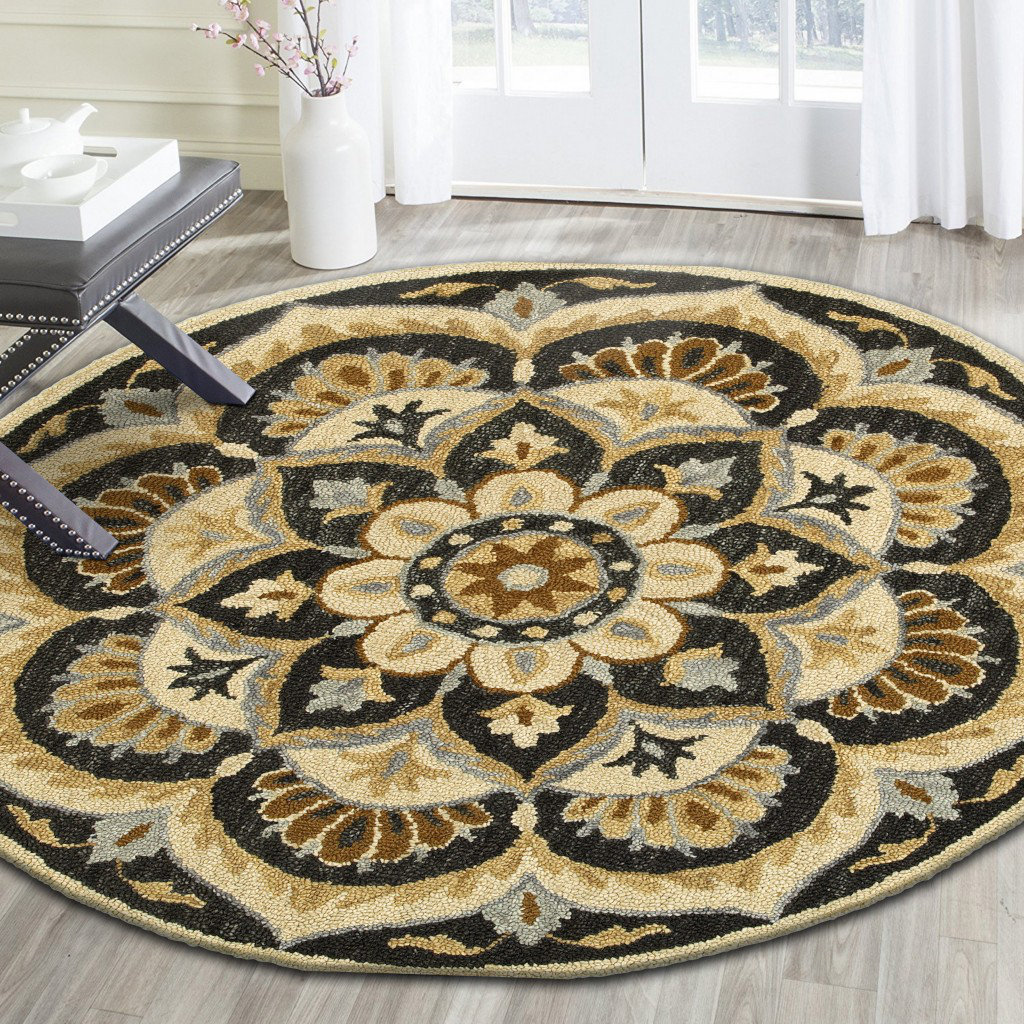 Canora Grey Tapis rond en laine touffeté à la main à motif floral brun / noir / beige Grace ...