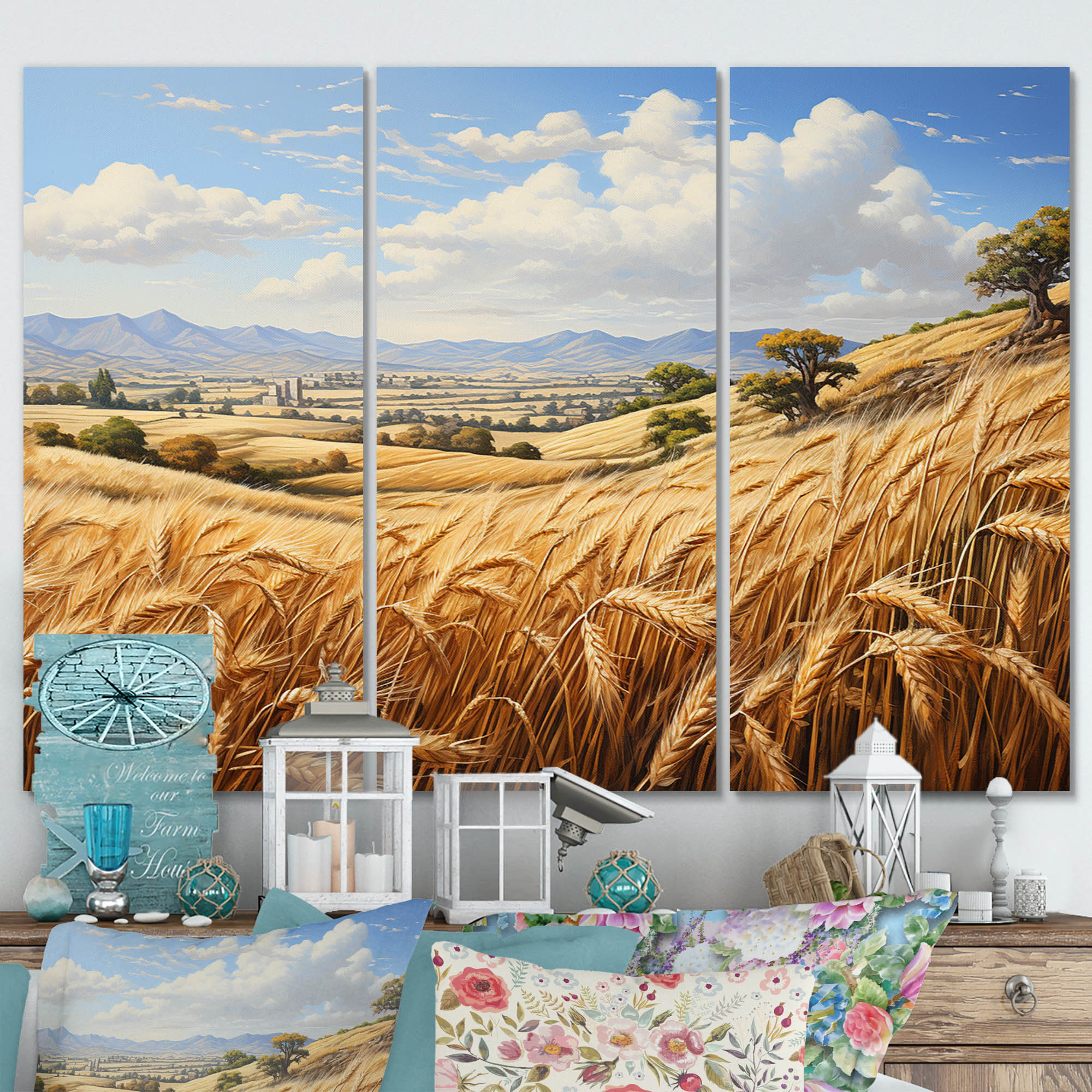 Design Art Wheatfield On A Summers Day Rural Farmland - Meadow Canvas ...