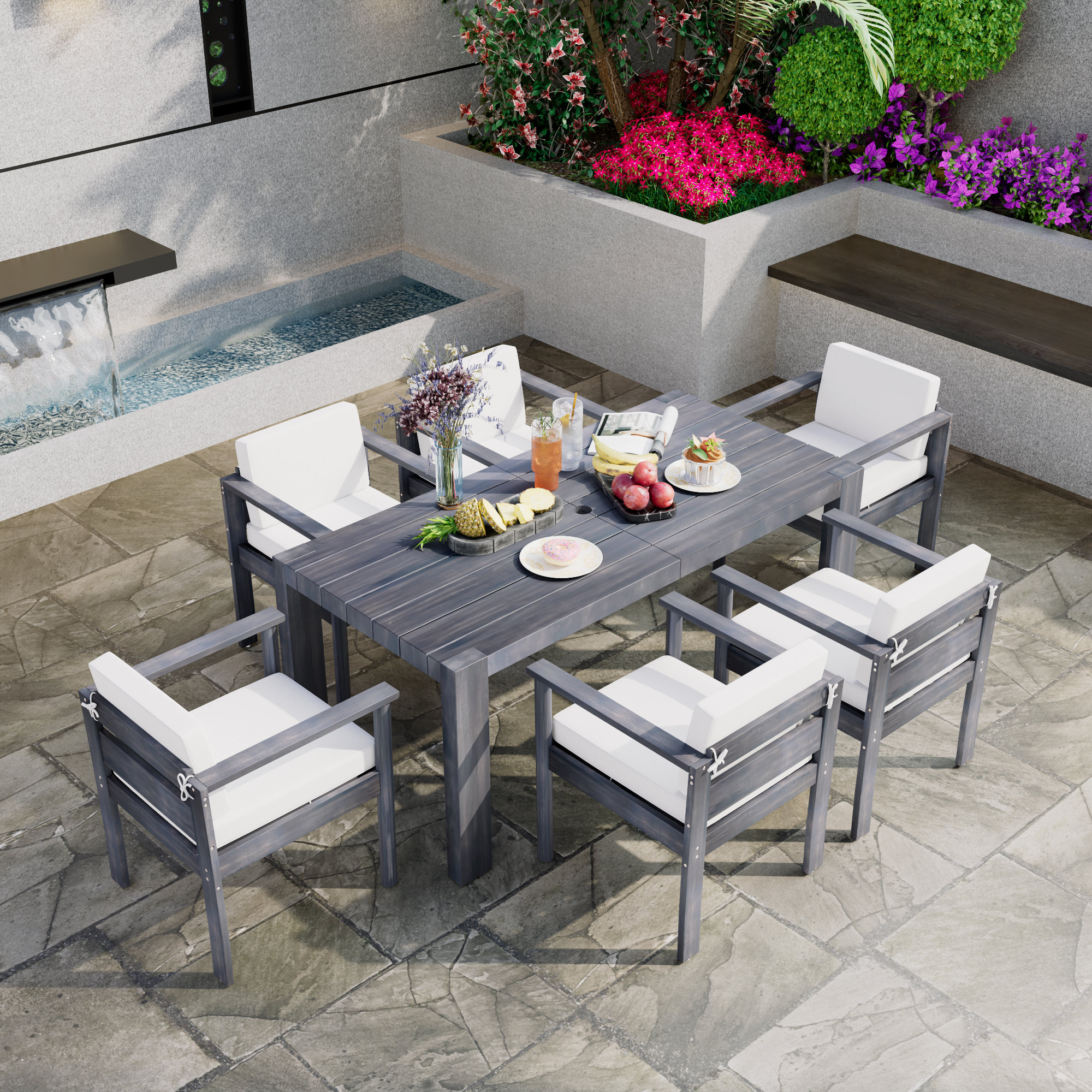 Hokku Designs Alex Patio 7-Piece Acacia Wood Dining Set with Removable ...