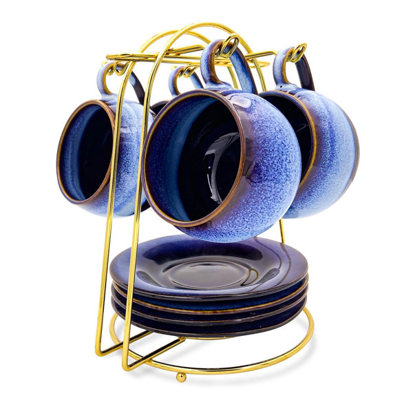 DNGJU Artisanal Blue Espresso Cups Set - Handcrafted Iron Rack, Premium ...