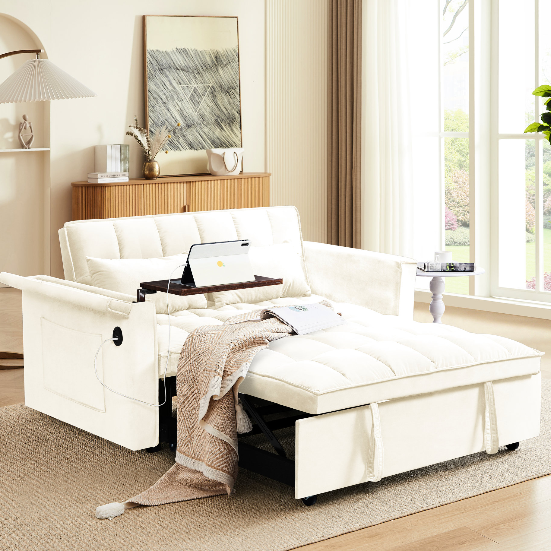 Ivy Bronx 55.5" Convertible Bed, Velvet Fabric, Adjustable Back, Side ...