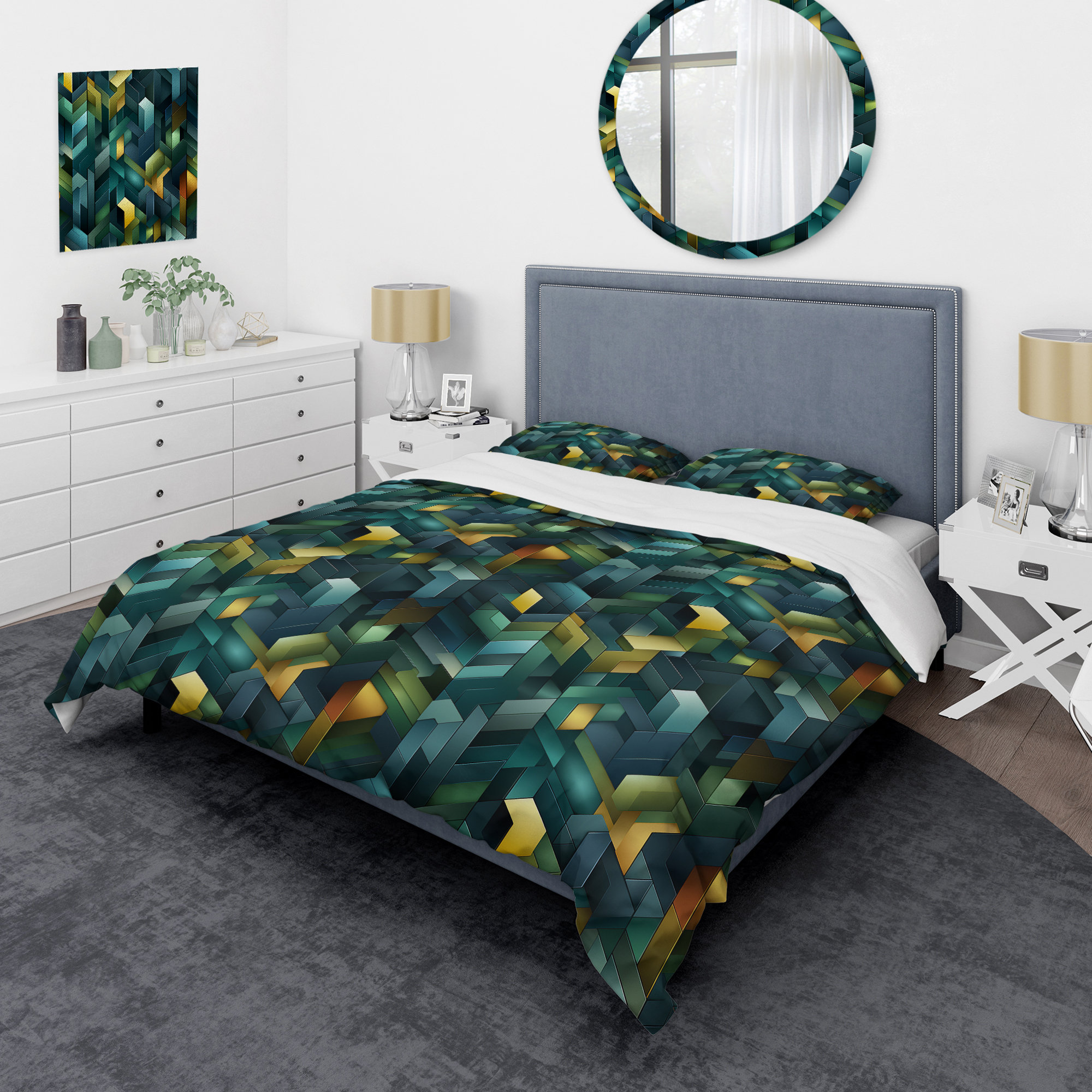 Design Art Green Cubic Oasis Geometric IV Yellow/Teal Microfiber Duvet ...