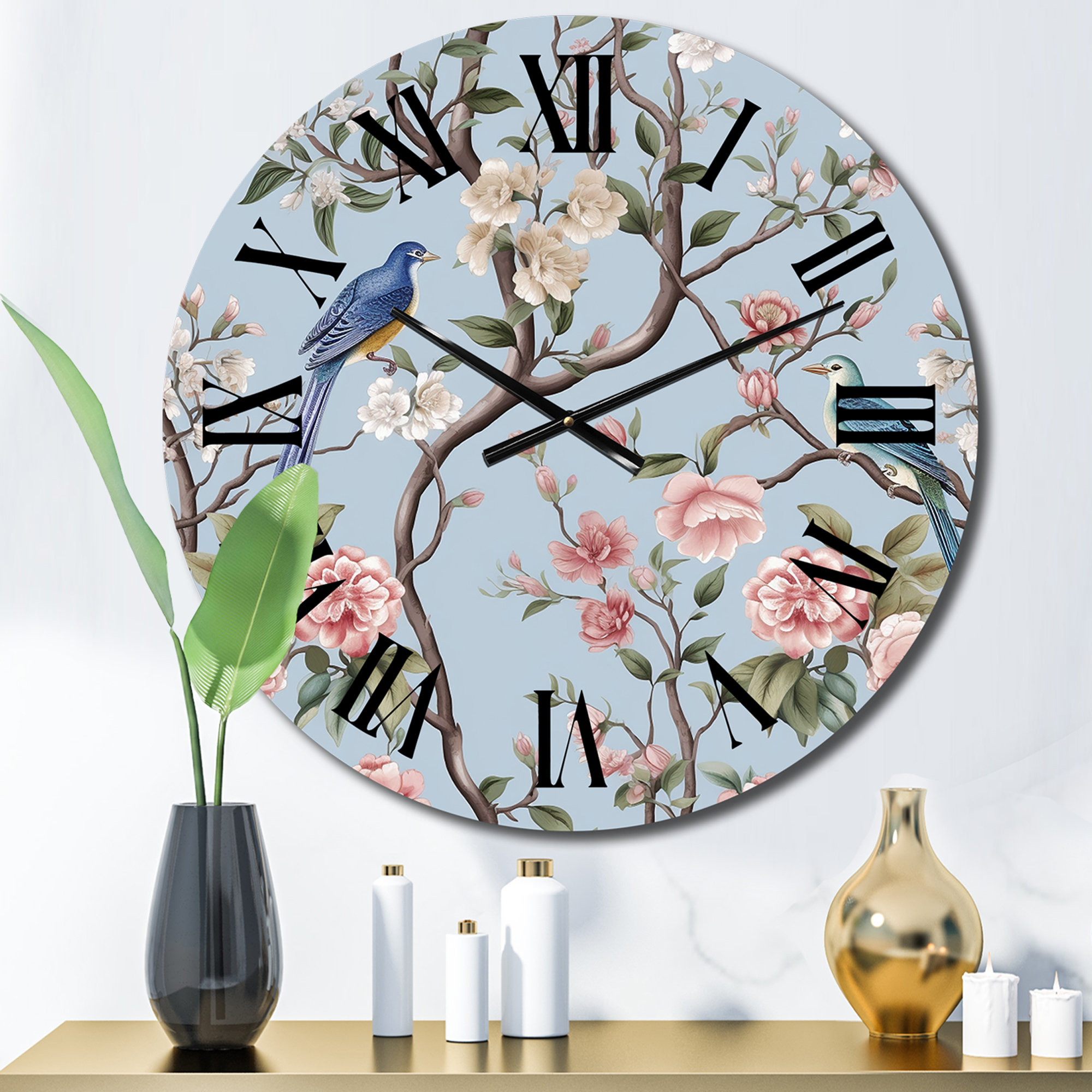 Design Art Minimalism Bird On Flowers IV - Animals Bird Wall Clock ...
