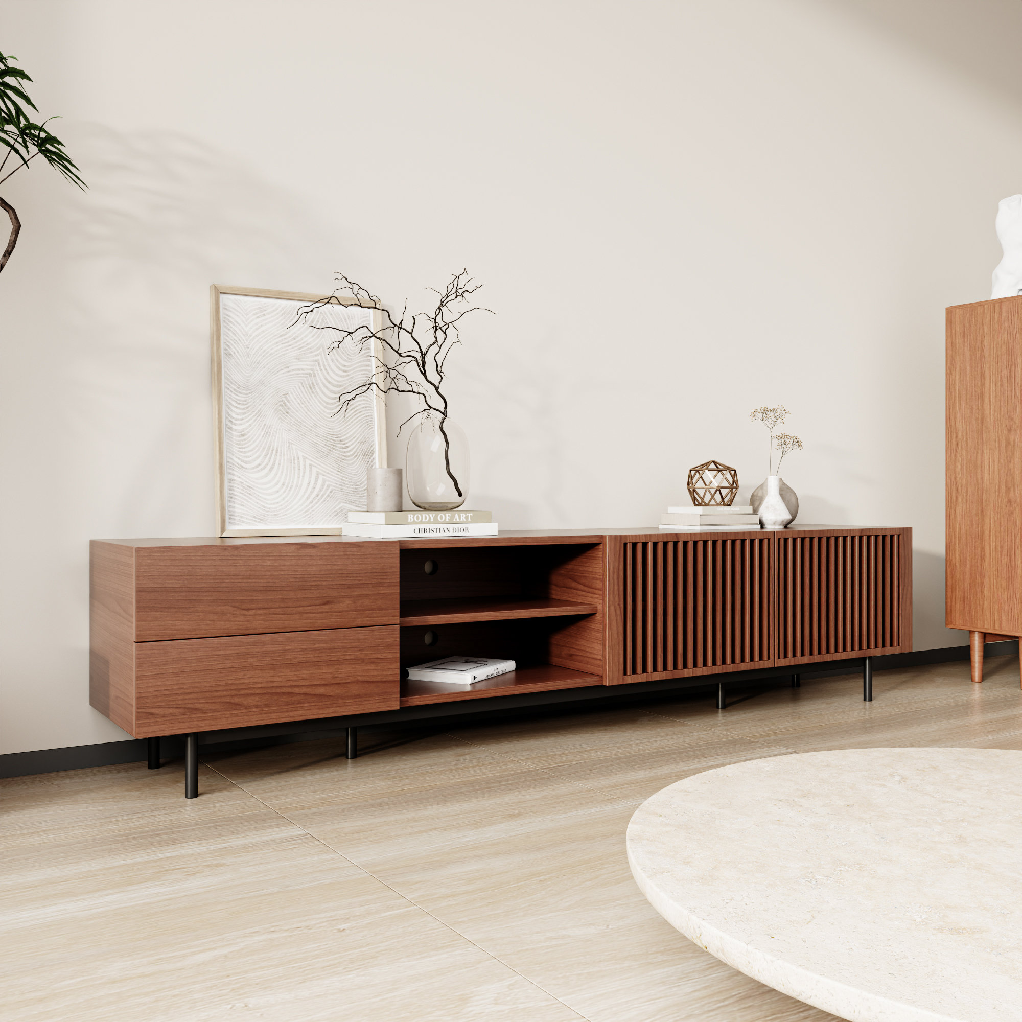 Hokku Designs Mid-Century Modern Solid Wood TV Stand Cabinet Storage ...