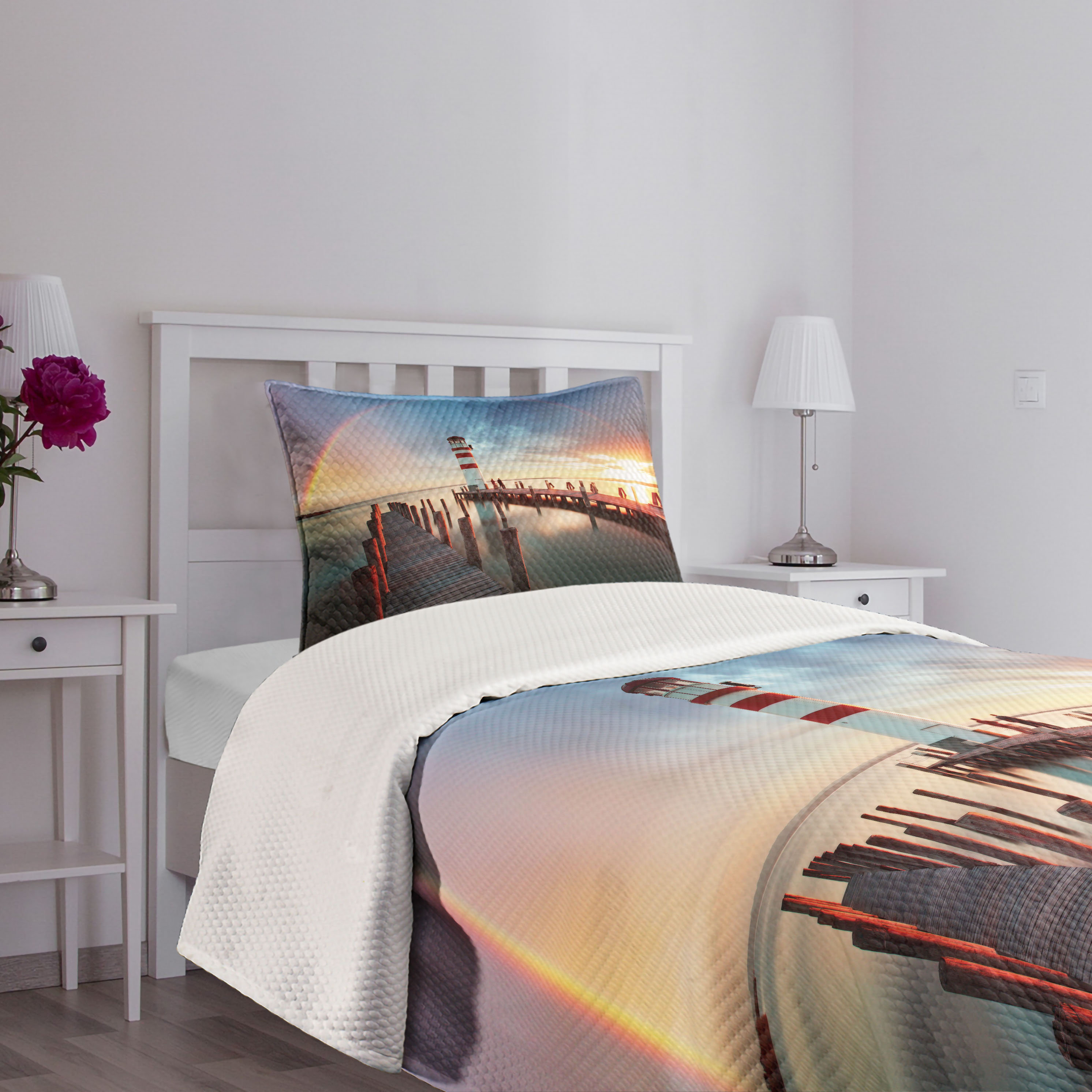 Ambesonne Lighthouse Bedspread Set Clouds Sunset at Sea Multicolor ...