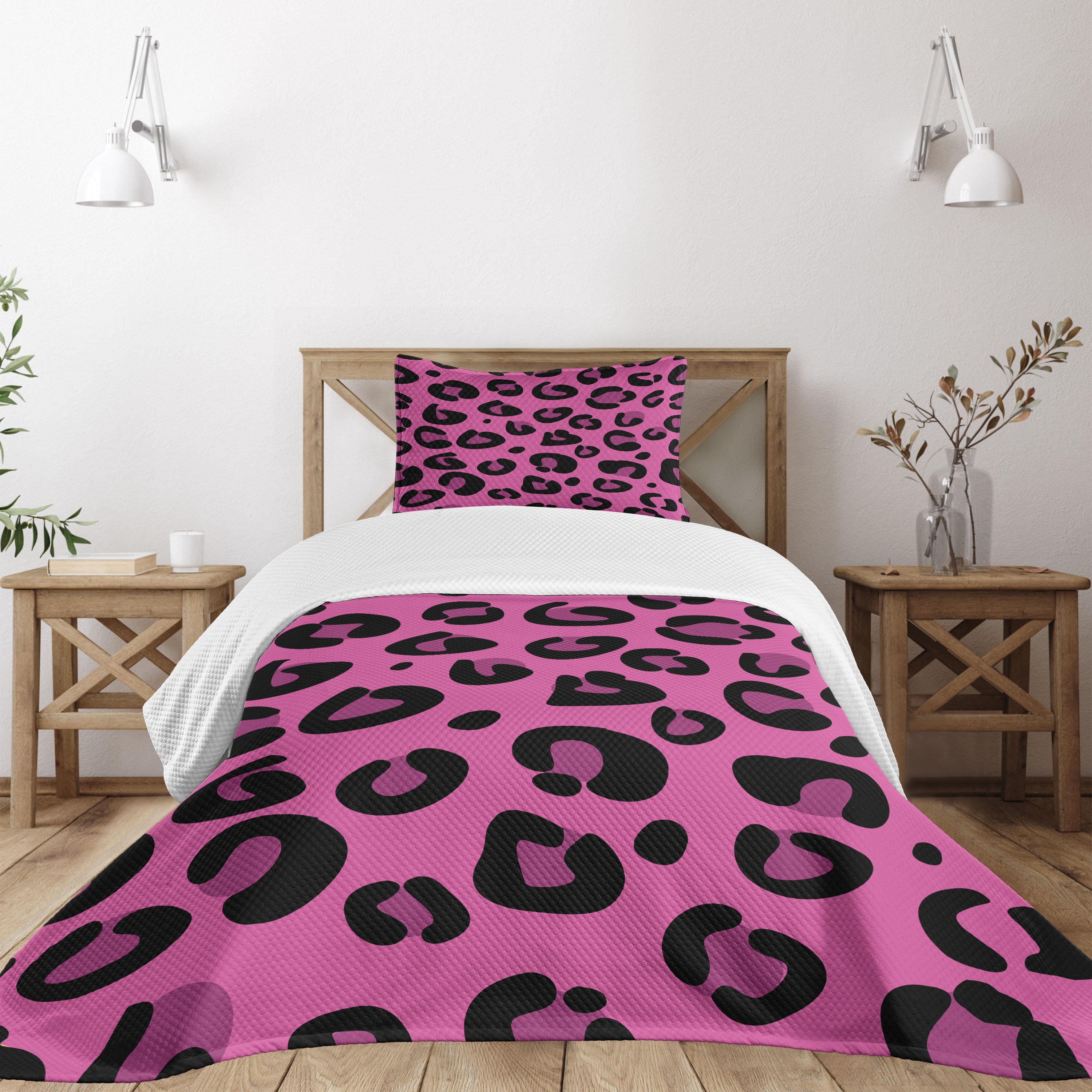 Ambesonne Hot Pink Bedspread Set Leopard Animal Skin Fuchsia Black Pink ...