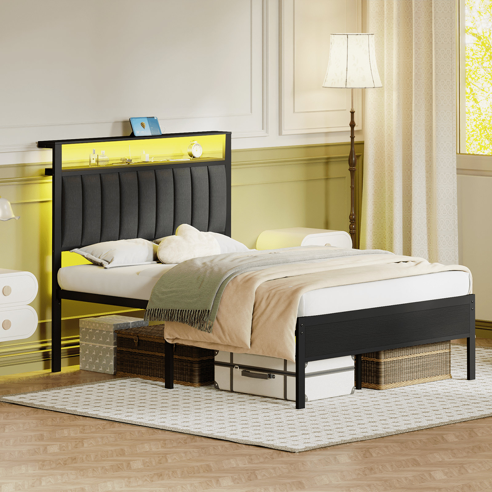 Wrought Studio Bed Frame with Charging Station, LED Lights, Upholstered ...