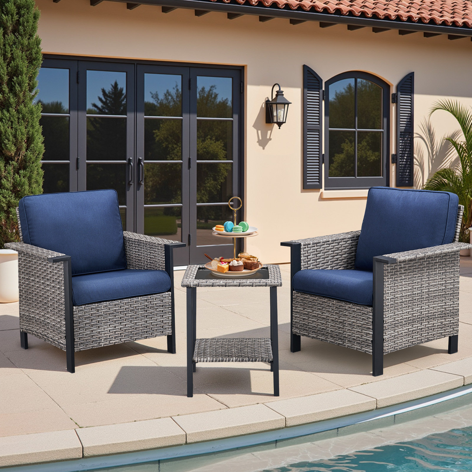 Ebern Designs 3 Pieces Outdoor Wicker Patio Set, Lounge Chairs Elegant ...