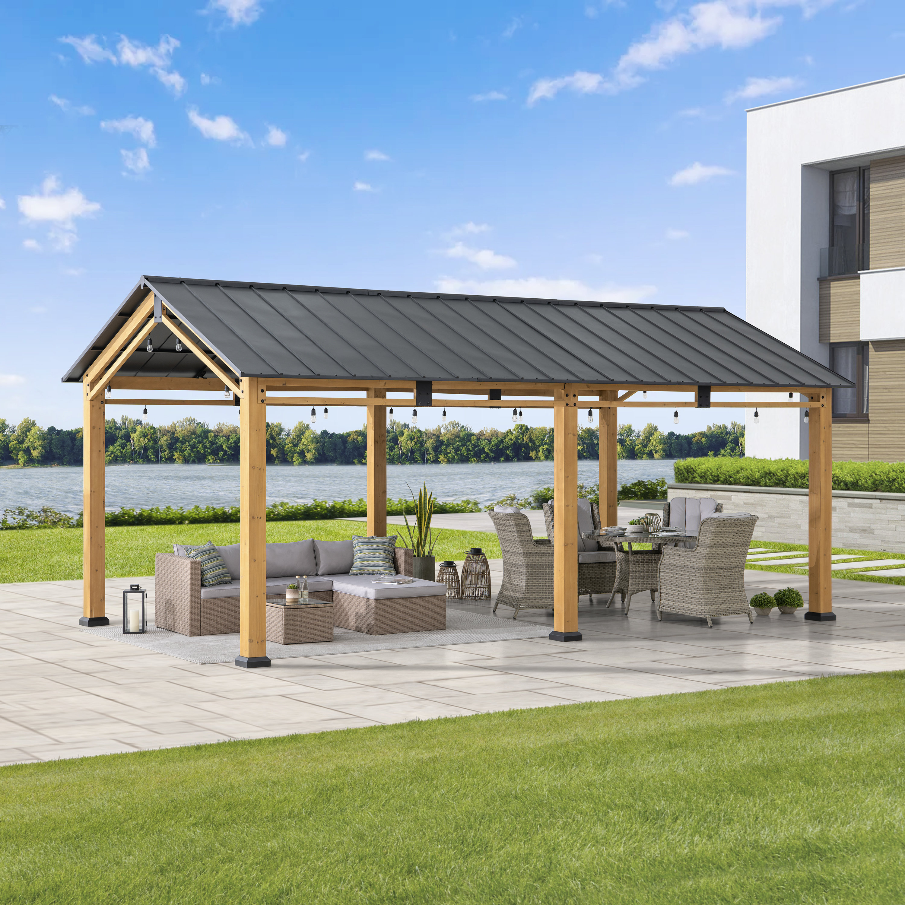 Sunjoy 11 ft. x 20 ft. Cedar Wood Frame Carport Outdoor Patio Hardtop ...